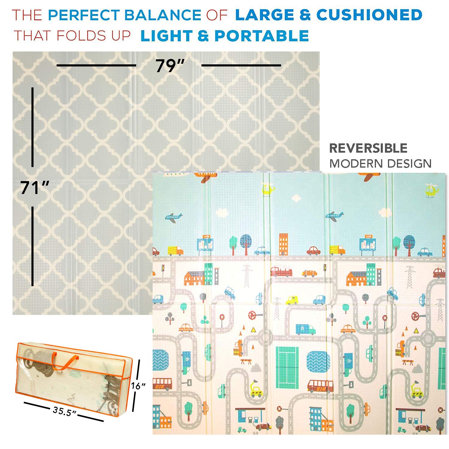 Reversible Baby Play Mat & Exercise Mat - Fun & Stylish Foam Floor Playmat for Kids and Infants. Elegant Room Decor Transforms into Large Fun Activity Gym Mat (Road)