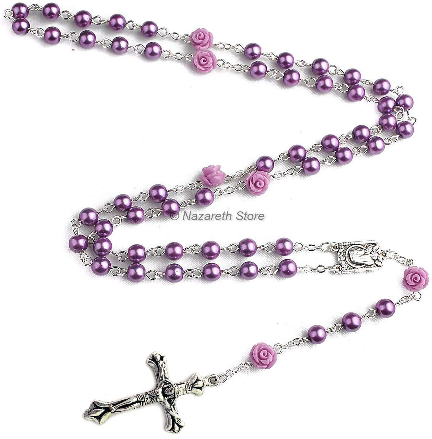 Nazareth Store Catholic Purple Pearl Beads Rosary Necklace Our Rose Lourdes Medal & Cross NS