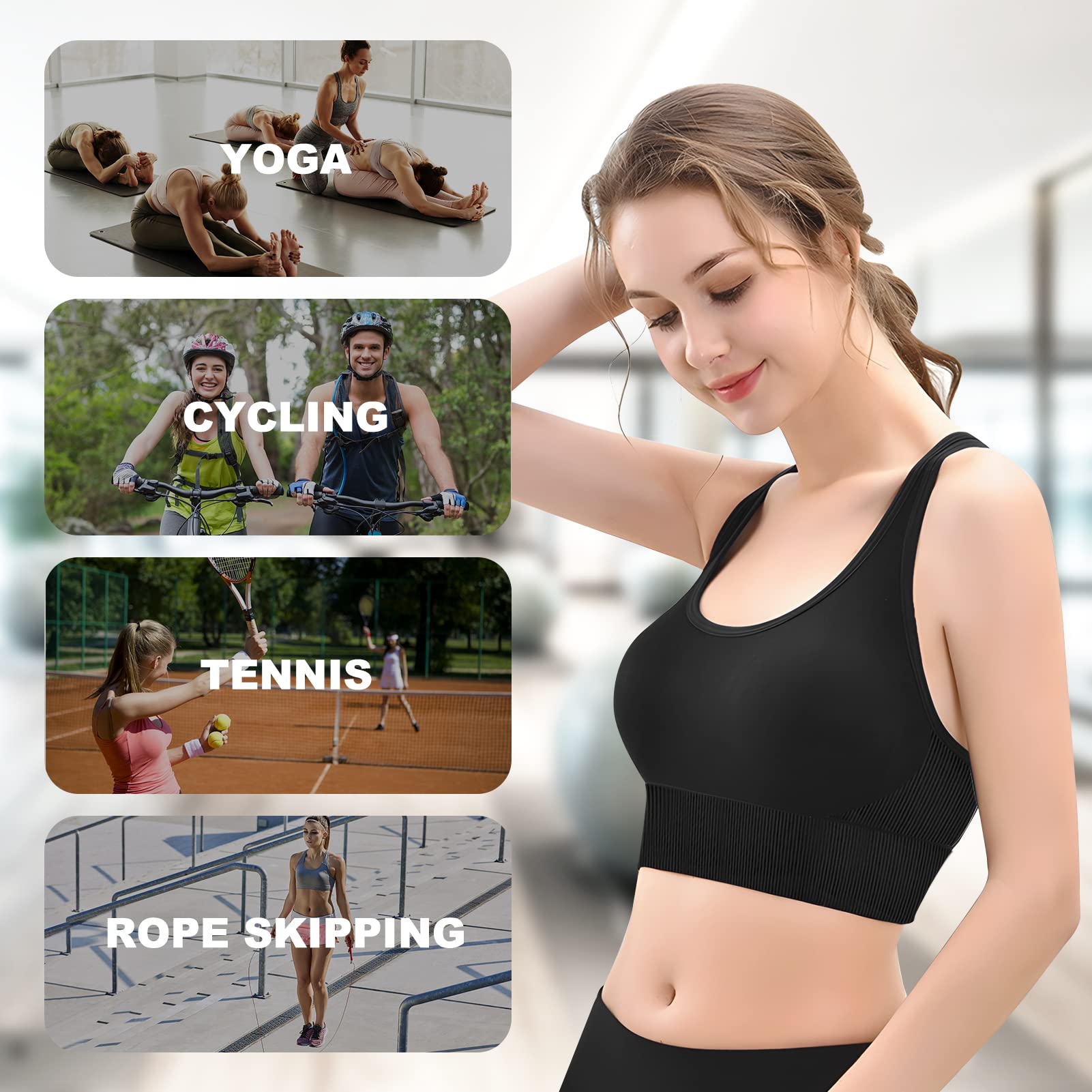 Unaikoo Sport Bras for Women, Soft Padded Breathable Adjustable Seamless Comfort for Running Workout Yoga Bra Black
