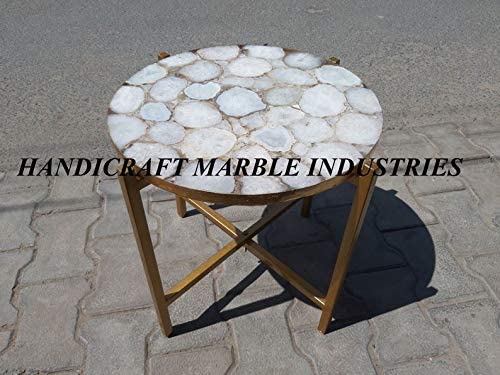 White Agate Round Table With Stand, Agate Stone Table With Stand, Round White Agate Side Table 21" Inch