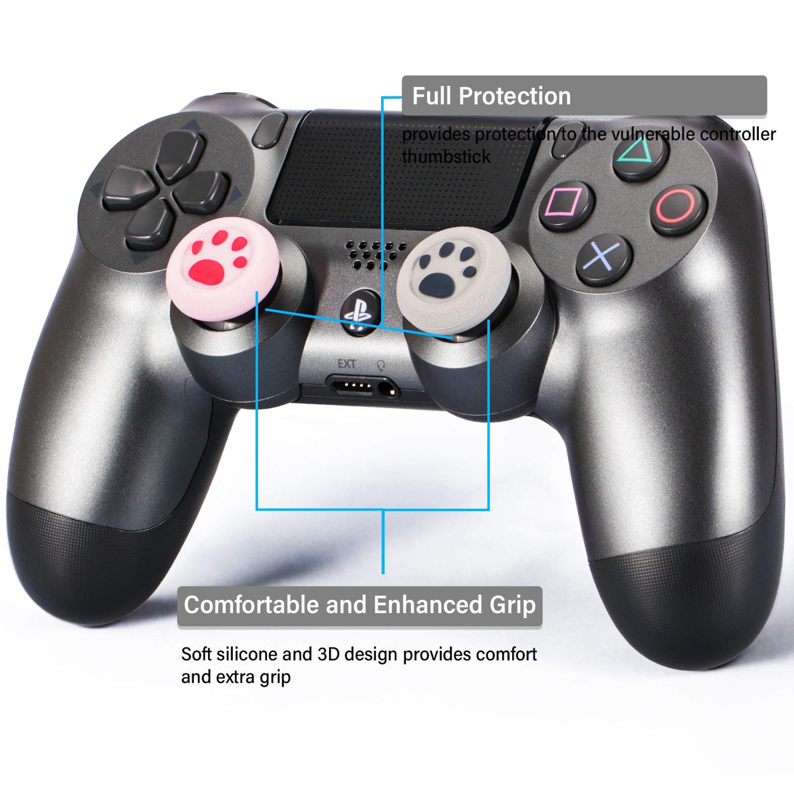 Playrealm Soft Rubber Silicone 3D Texture Thumb Grip Cover x 4 for PS5, PS4, Xbox Series X/S, Xbox One, Switch PRO Controller(Cat Paw Coral Grey)