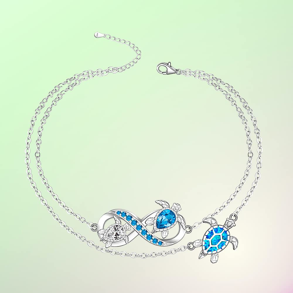Turtle Anklet Blue Opal Sea Turtle Ankle Bracelets for Women Sterling Silver Infinity Wave Ocean Beach Summer Foot Bracelet Jewelry Layered Adjustable