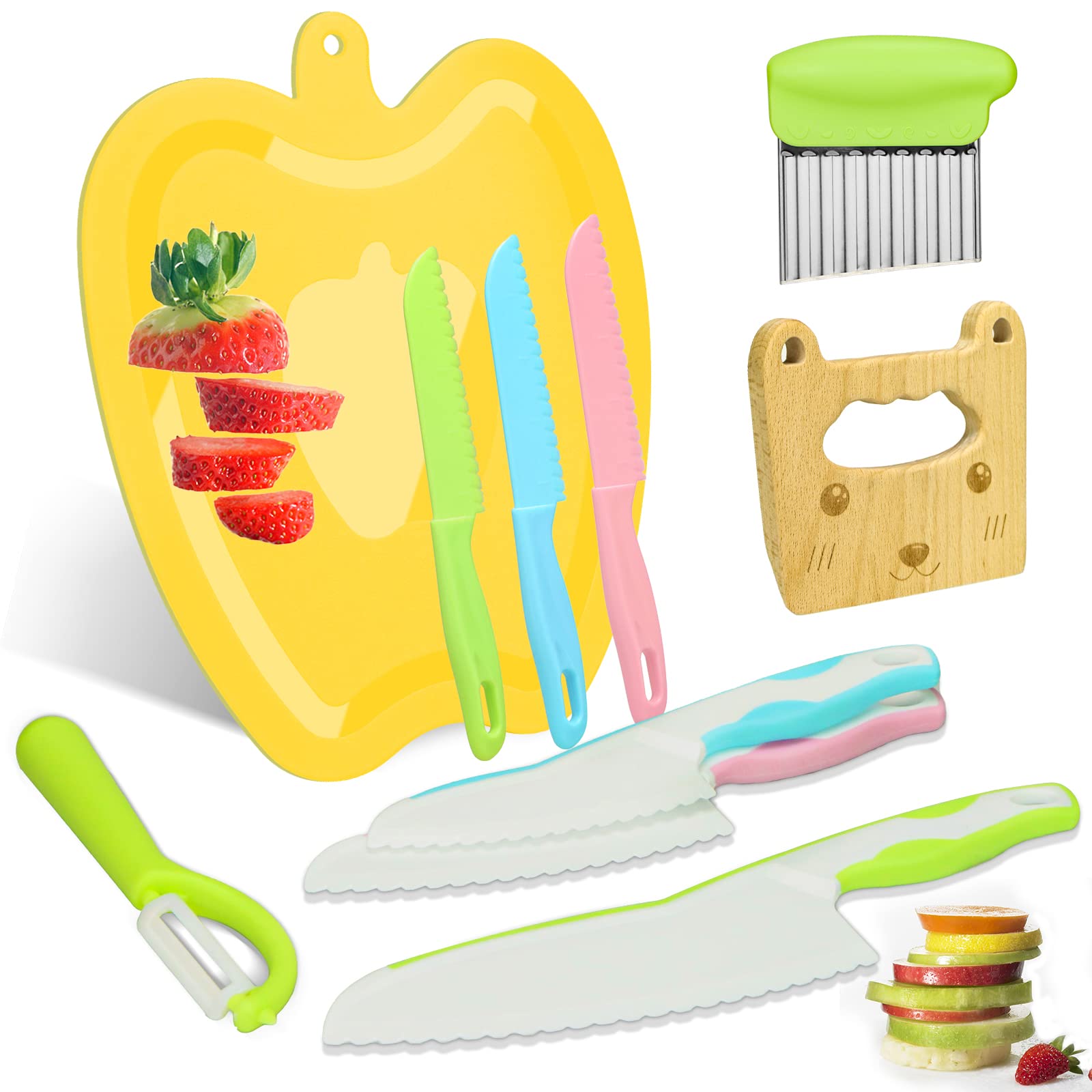 TinyHalo 11 Pcs Wooden Kids Kitchen Knife, Kids Knife Set with Cutting Board Fruit Vegetable Crinkle Cutters Serrated Edges Plastic Toddler Knifes for Real Cooking Kid Safe Knivesā¦