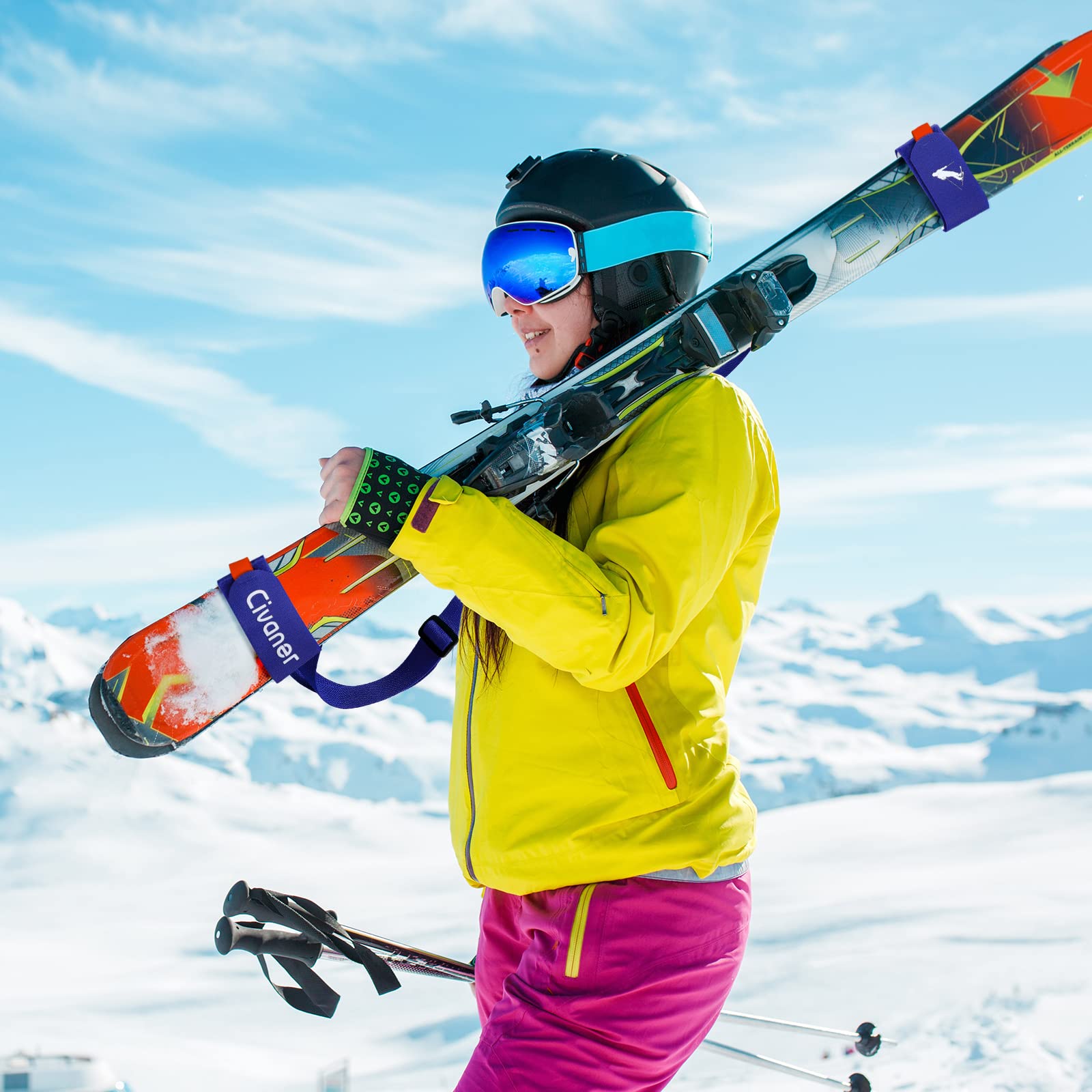 Ski Straps 4 Pieces Adjustable Ski Carrier Comfortable Ski Carry Strap Effortlessly Ski Pole Carrier Cushioned Skiing Accessories Gear for Men Women Kid