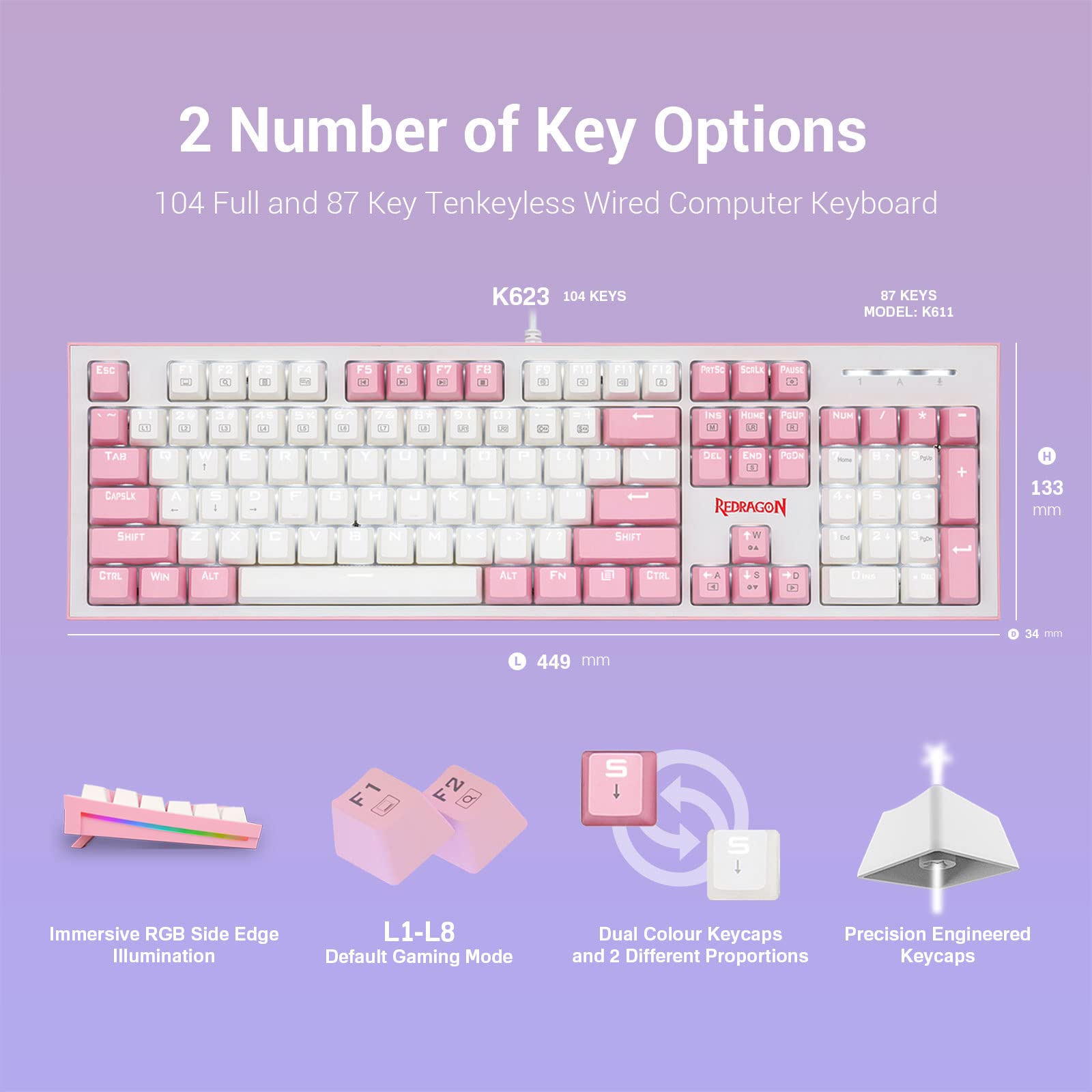 Redragon K623 Dual Color Keys Mechanical Gaming Keyboard Single White LED + RGB Side Edge Backlit 104 Key Wired Computer Keyboard with Blue Switches for Windows PC (Pink + White)
