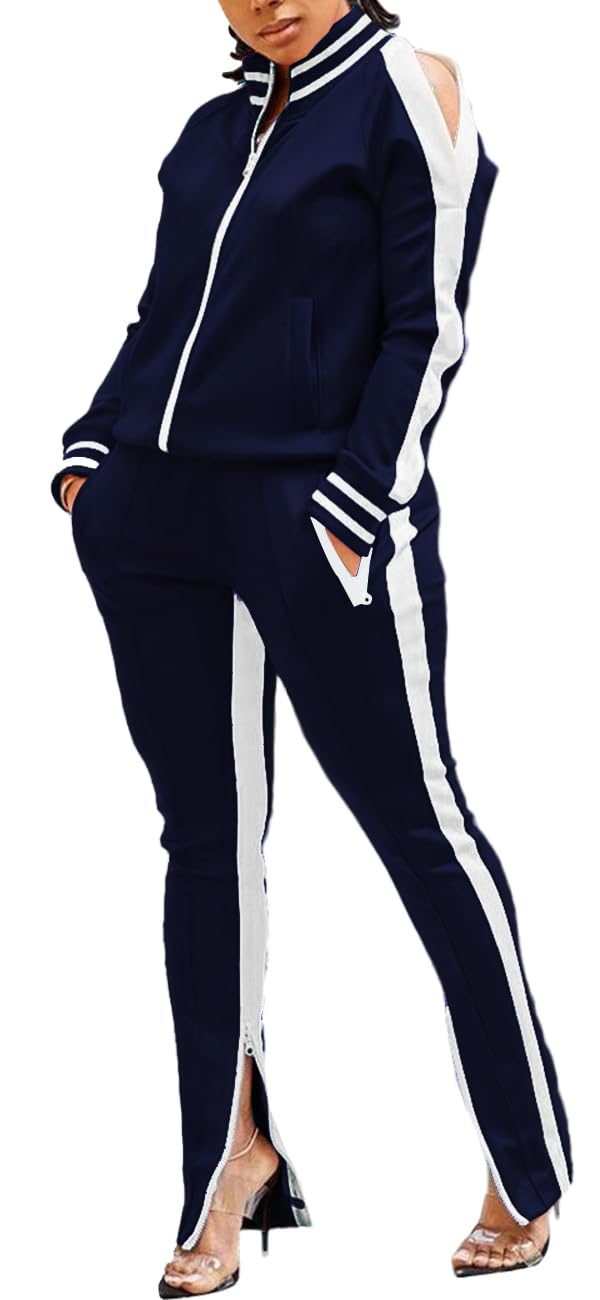 TOPONSKY Matching Lounge Set Warm Up Suits For Women 2 Pieces Sweaters Navy White M