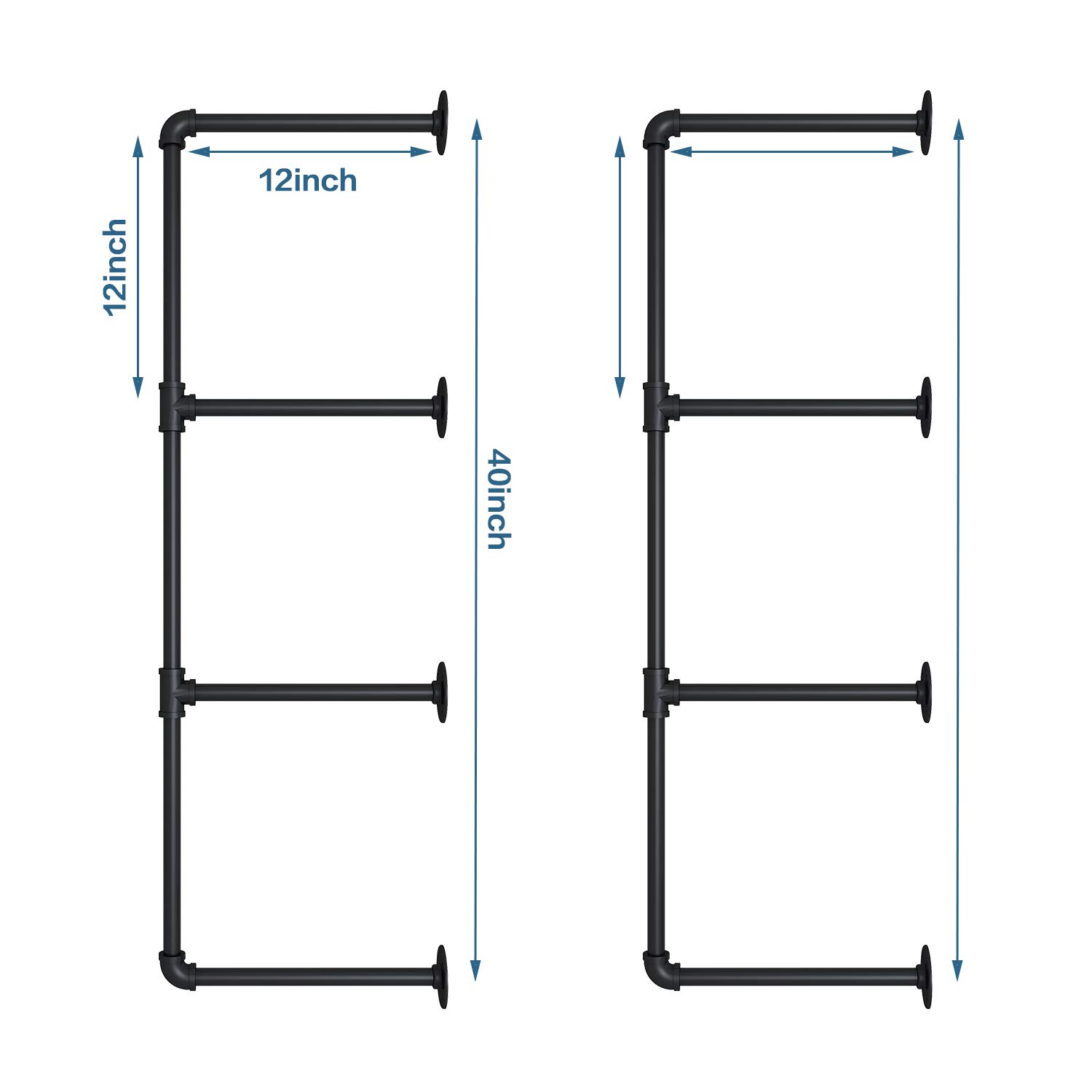 REYADE Industrial Iron Pipe Shelf (2PCS, 40" Tall), 4 Tier Wall Mount Shelf Bracket, Vintage Floating Shelving Unit, Open Bookshelf, DIY Storage Display Rack for Home Kitchen Office (No Board Include)