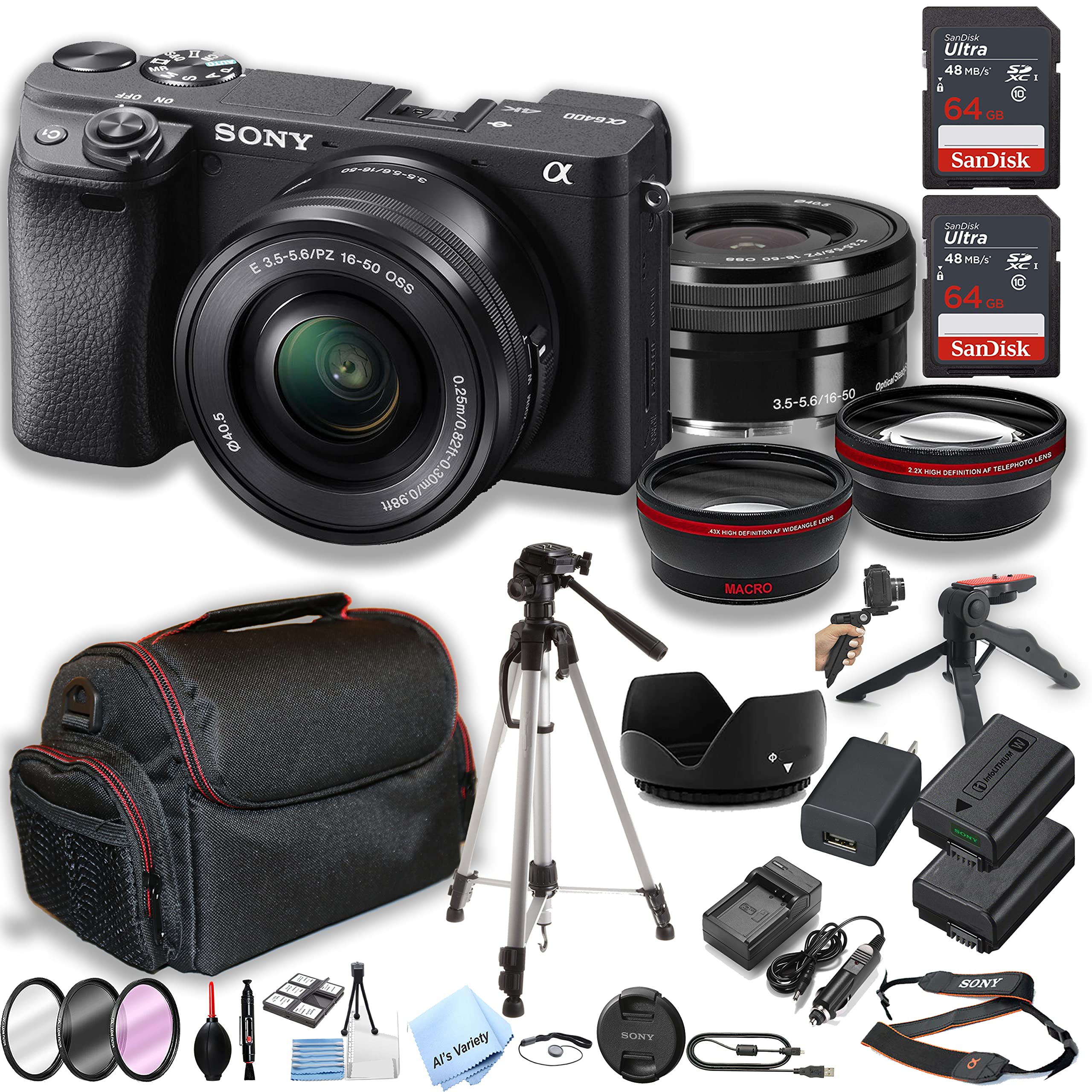 Sony a6400 Mirrorless Camera with16-50mm Zoom Lens + 2pcs 64GB Memory + Case+ Tripod + Steady Grip Pod + Filters + Macro + 2X Lens + 2X Batteries + More (32pc Bundle)