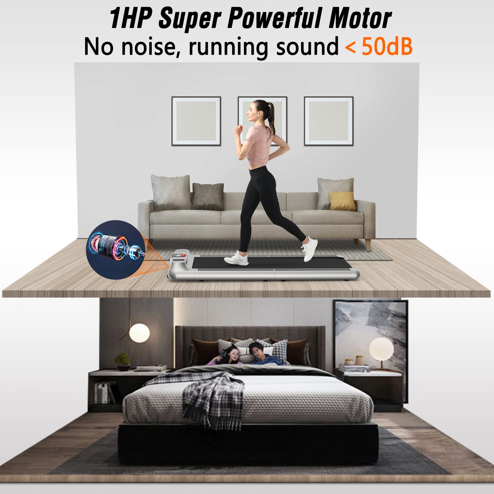Walking Pad Treadmill Under Desk Treadmill, 1HP Powerful Running Machine with Remote Control for Home and Office Workout
