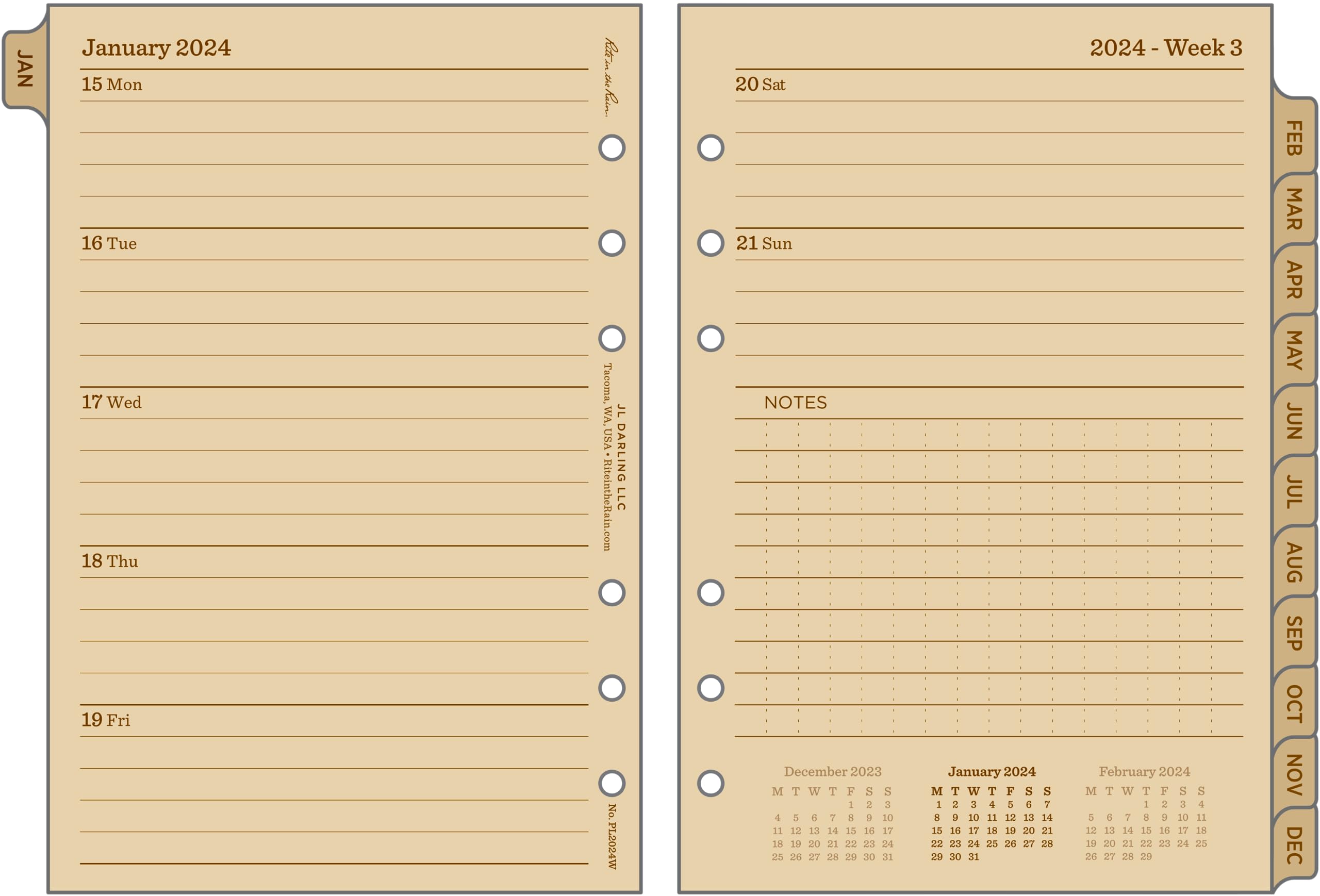 Rite in the Rain 2024 Dated Weekly Loose Leaf Calendar Set, 5β x 7β, Tan Sheets, 365 Days (No. PL2024W)