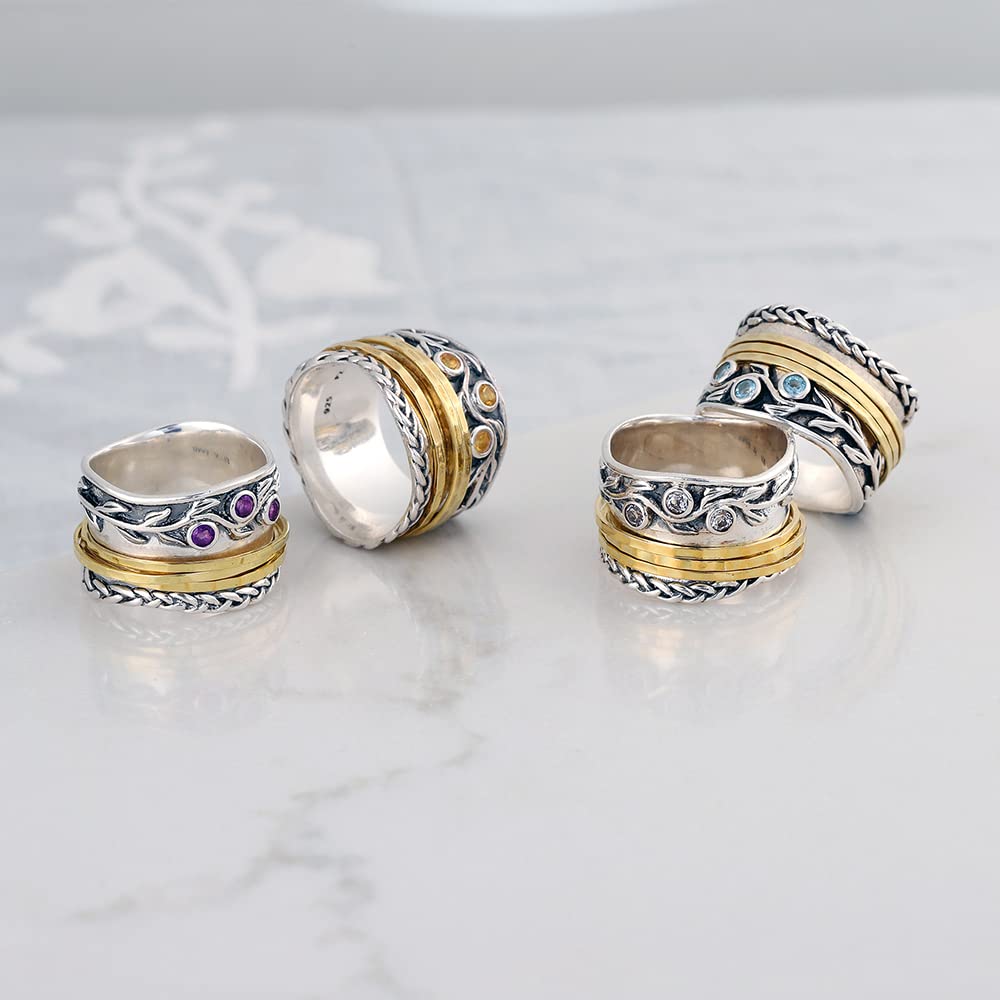 Paz Creations 925 Sterling Silver Spinner Ring with Blue Topaz Gemstone, Anxiety Ring/Boho Ring with 14K Gold Fidget Ring, 925 Sterling Silver Rings for Women (S 7)