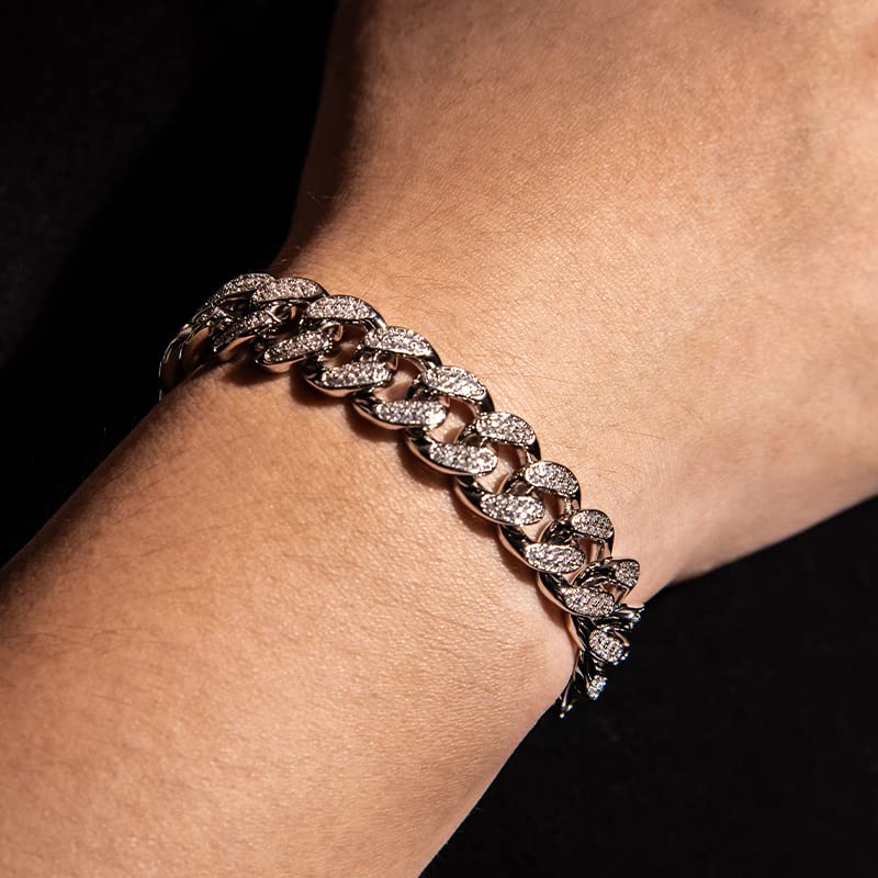 Tevemy 18mm Cuban bracelet 18k or White Gold Plated Zirconium Cuban Miami Cuban Bracelet for Men