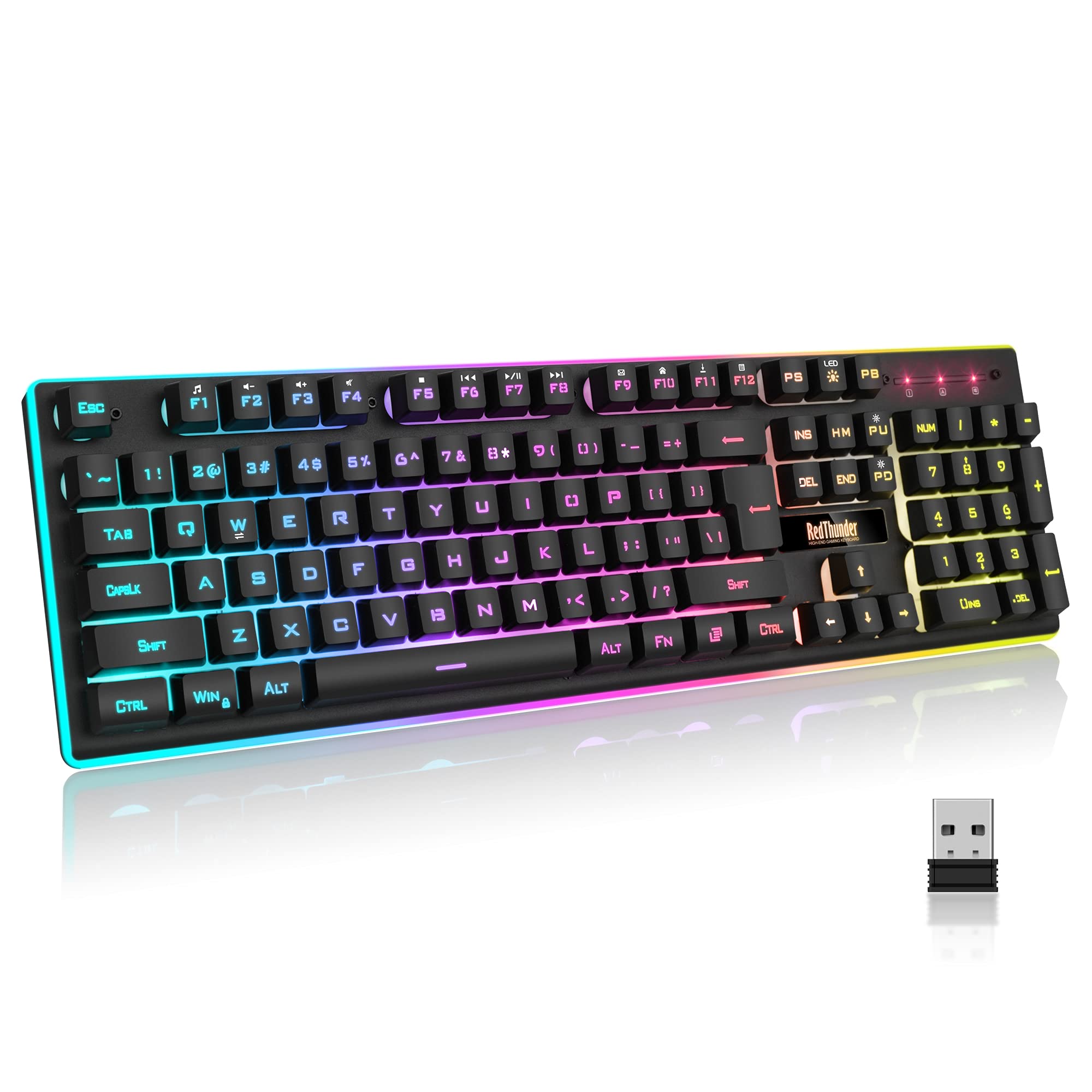 RedThunder K10 Wireless Gaming Keyboard, Rechargeable 3000mAh 2.4G LED Backlit Wireless Keyboard, Ergonomic Keyboard with Mechanical Feeling Keys for PC PS4 Xbox One Mac, Teclado Gamer, White