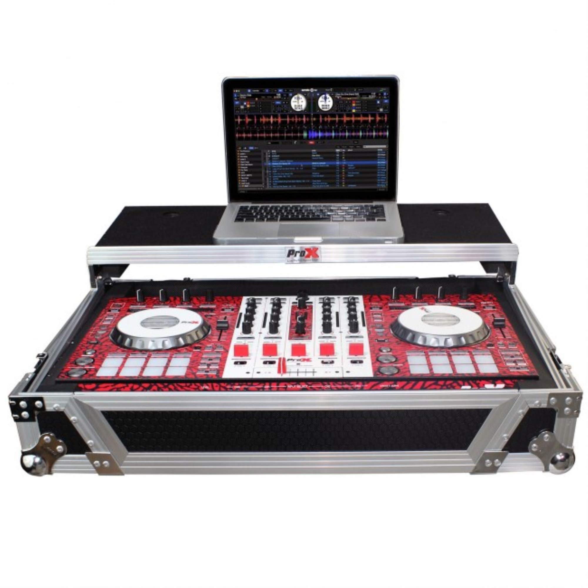 ProX Flight Case for Pioneer DJ DDJ-SX,RX & Denon MCX7000 With Sliding Laptop Shelf, LED Lights and Wheels - Silver on Black Design - XS-DDJSX WLT LED