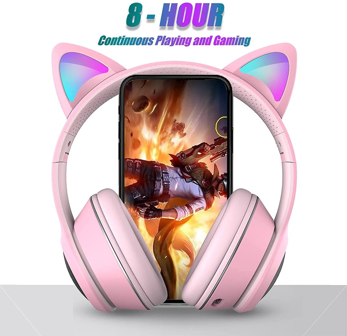 Zuri Sana Cat Ear Gaming Bluetooth 5.2 Wireless Foldable Headphones with LED Light, Over Ear Stereo Sound Music Headsets with Microphone AUX for PC TV Pad Cellphone Laptop Game Kids Adults Gift