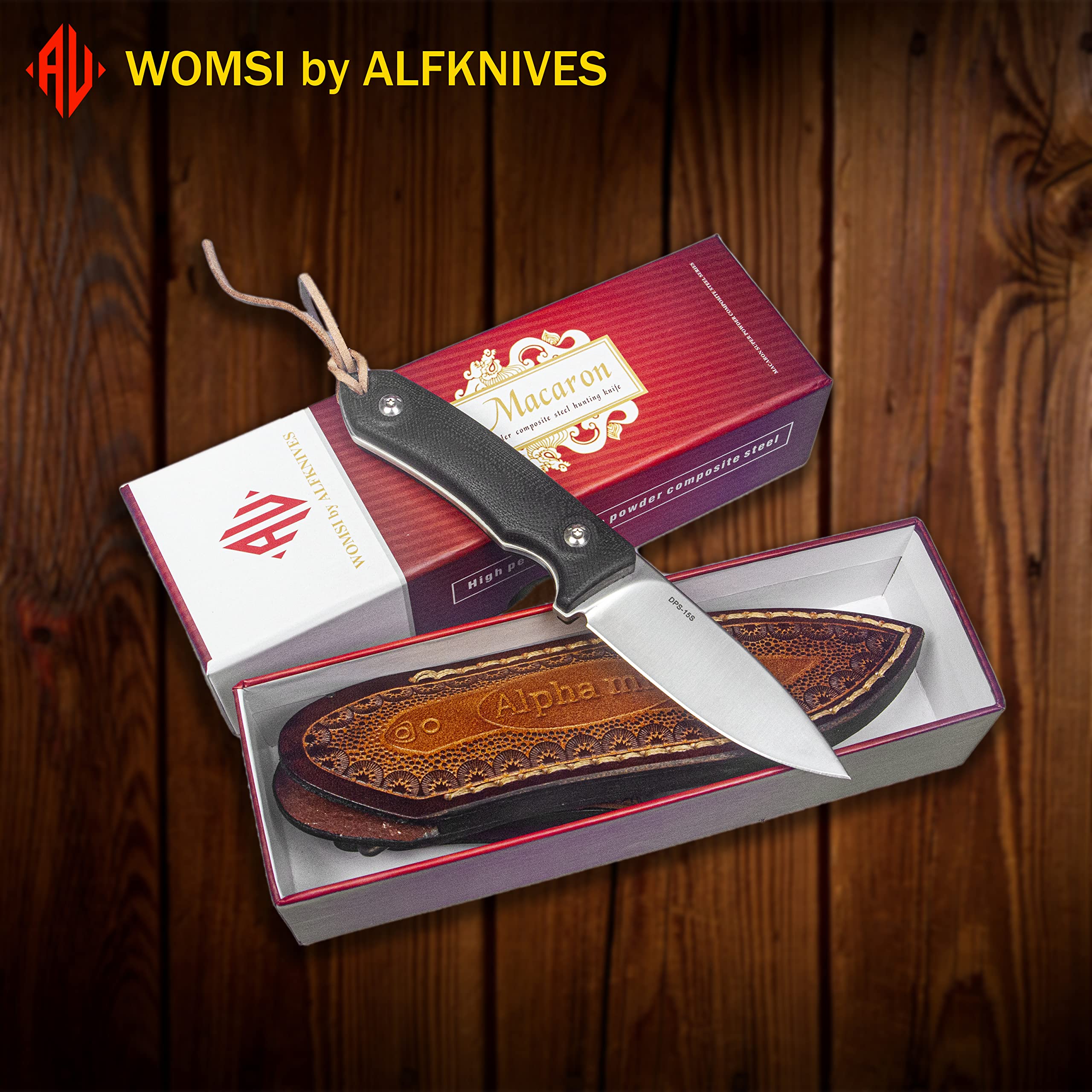 WOMSI Hunting Knife,Full Tang 6.57",DPS15-S Power Steel Blade,Sonorous&durable G10 Handle with Leather Sheath(Black)
