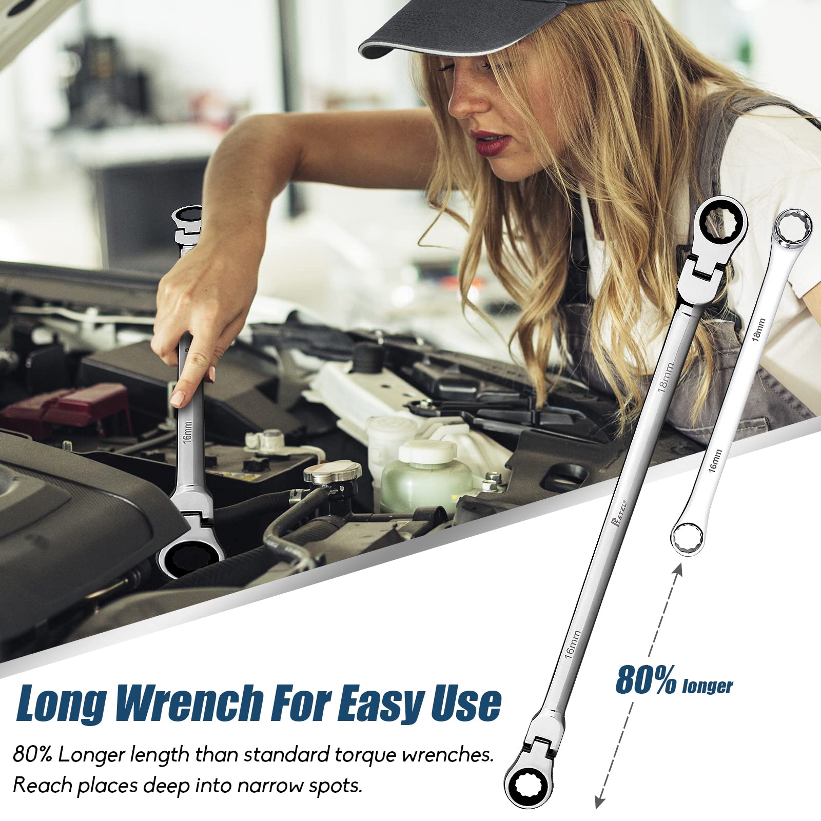 PTSTEL Ratcheting Wrench Set, Extra Long Double Box End Wrench Set,Flex-Head Metric Spanner Set, 6 Piece 72-Tooth Ratcheting Wrench Kit, 8-19mm (6, 8-19mm)
