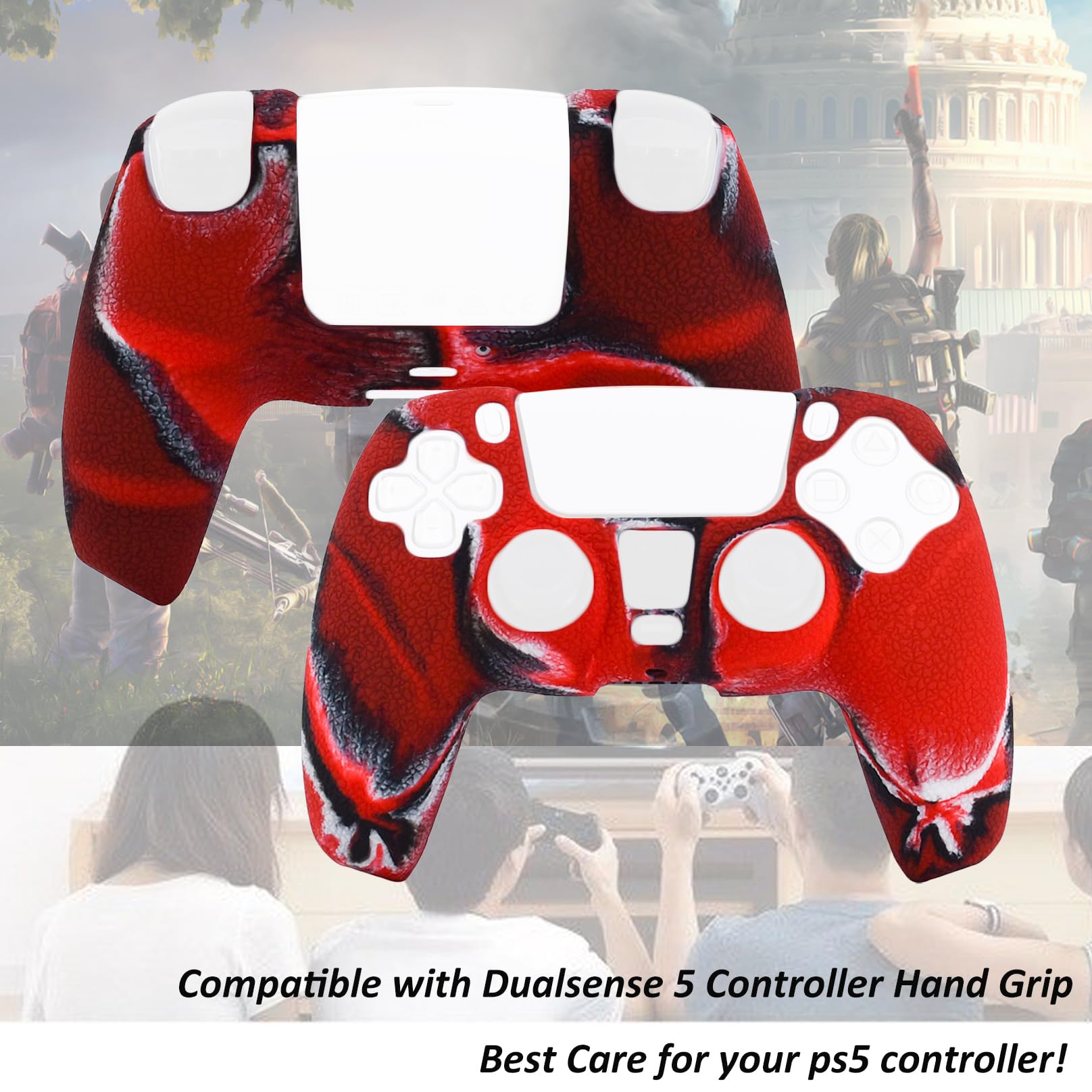 Skin for PS5 Controller Grips,Pandaren Skin Texture Pattern Cover for PlayStation 5 Sweat-Proof Anti-Slip Silicone Cover Hand Grip x 2 with 8pcs FPS Pro Thumb Stick Cap Protector(Camouflage Blue&Red)