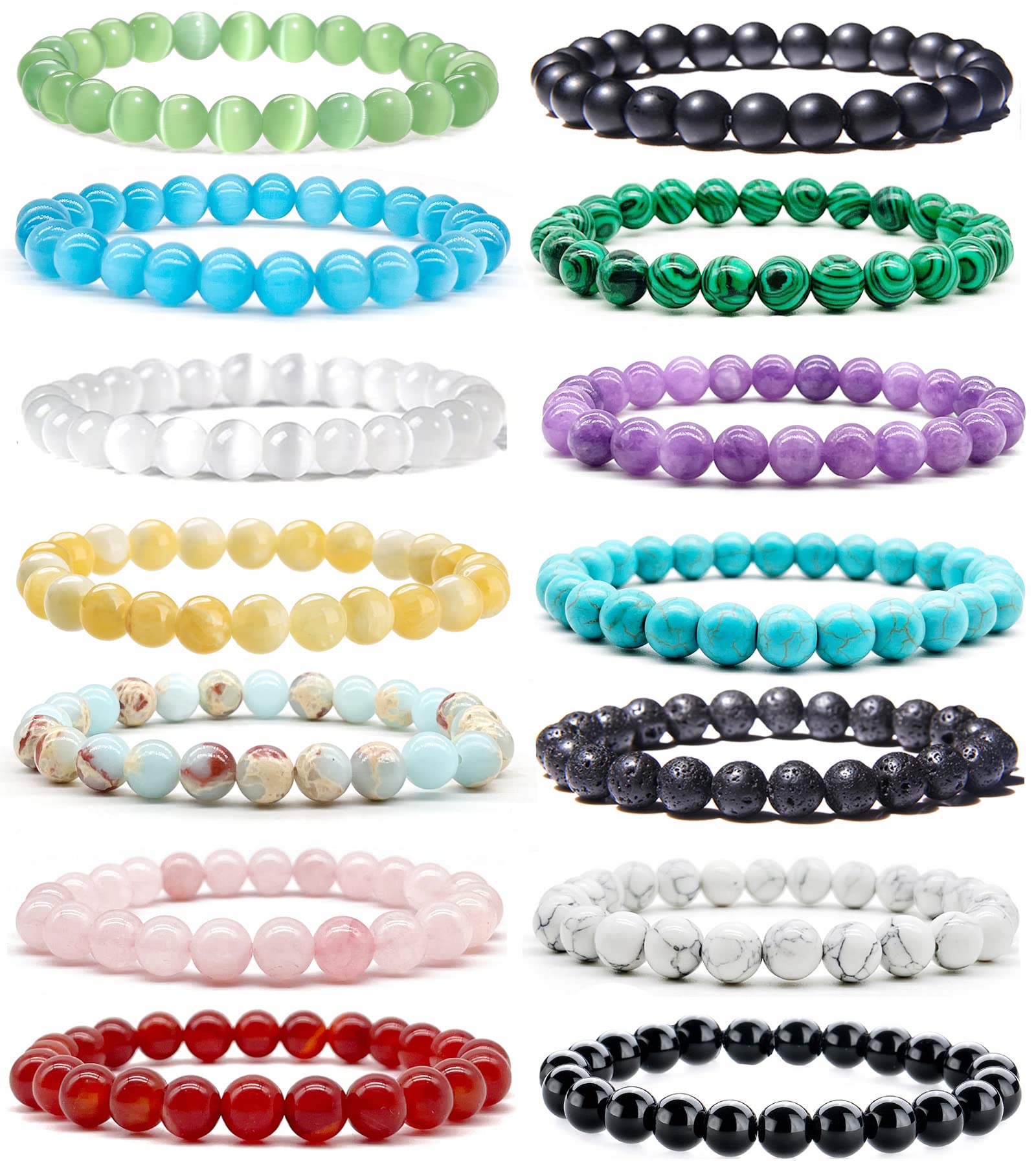 SROBENZ 14 Pcs 8mm Gemstone Beaded Bracelets for Men Women Stone Healing Bead Semi-Precious Stretch Round Bead Crystal Bracelets Unisex