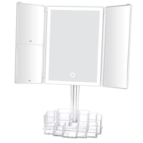 ProYankiot Makeup Mirror Vanity Mirror with Lights,Trifold Lighted Vanity Mirror with 38 LED Lights and Storage 3X/2X/1X Magnification, Touch Screen Switch, 90 Degree Rotation,White