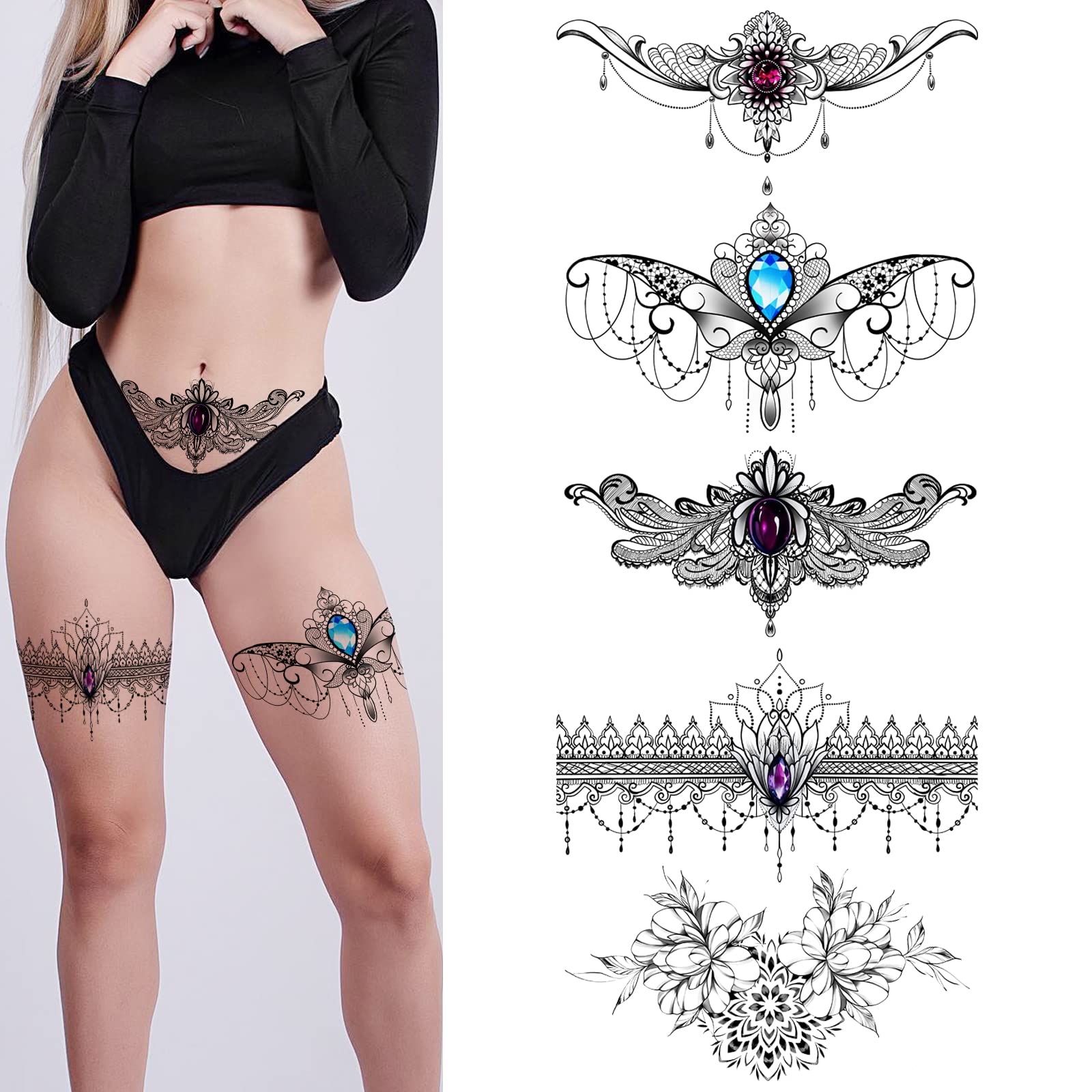 Roarhowl Lace Tattoos, Large Sexy Temporary Tattoo Set, Temporary Tattoos For Women, Belly Back Waist Thigh Body Art Fake Tattoos (Set 1)