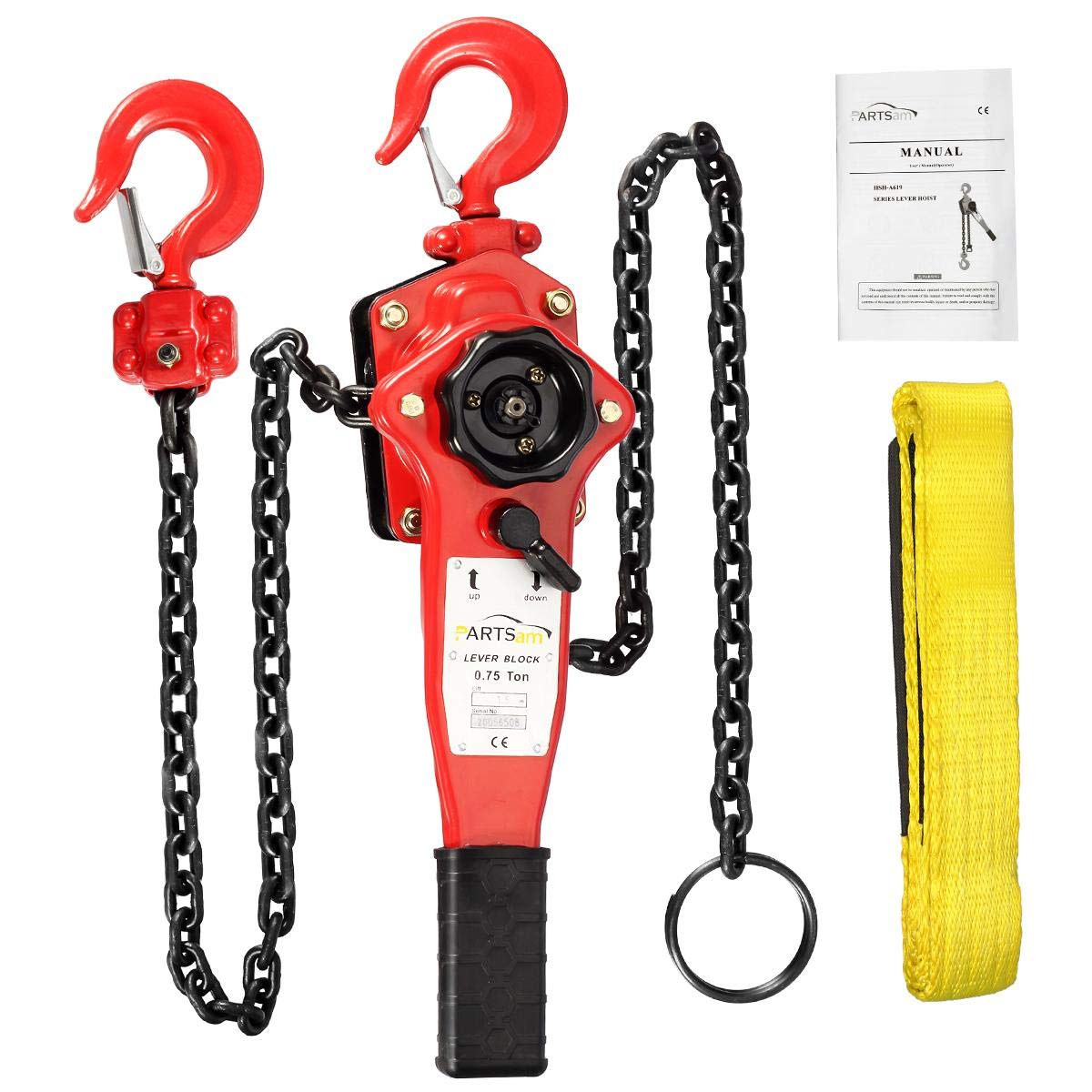 Partsam 1650LBS Capacity Lever Hoist Come Along 5FT 3/4 TON Lift 2 Heavy Duty Hooks &1Pcs Premium Towing Strap for Lifting Pulling Building Garages Attic Warehouse Automotive