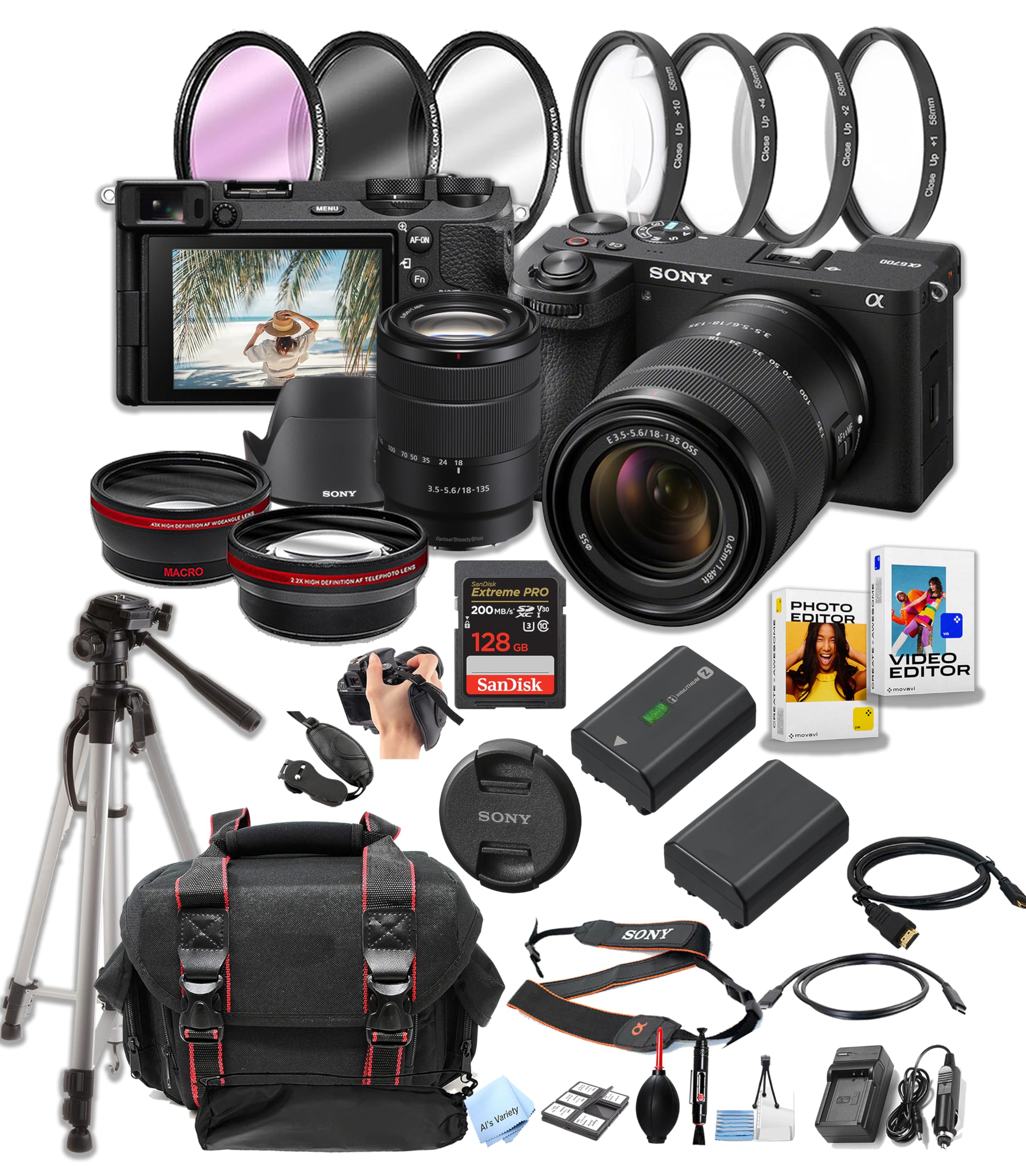 Sony a6700 Mirrorless Camera with 18-135mm Lens + 128GB Pro Speed Memory + Case + Tripod + Software Pack -Proffesional Photo Bundle