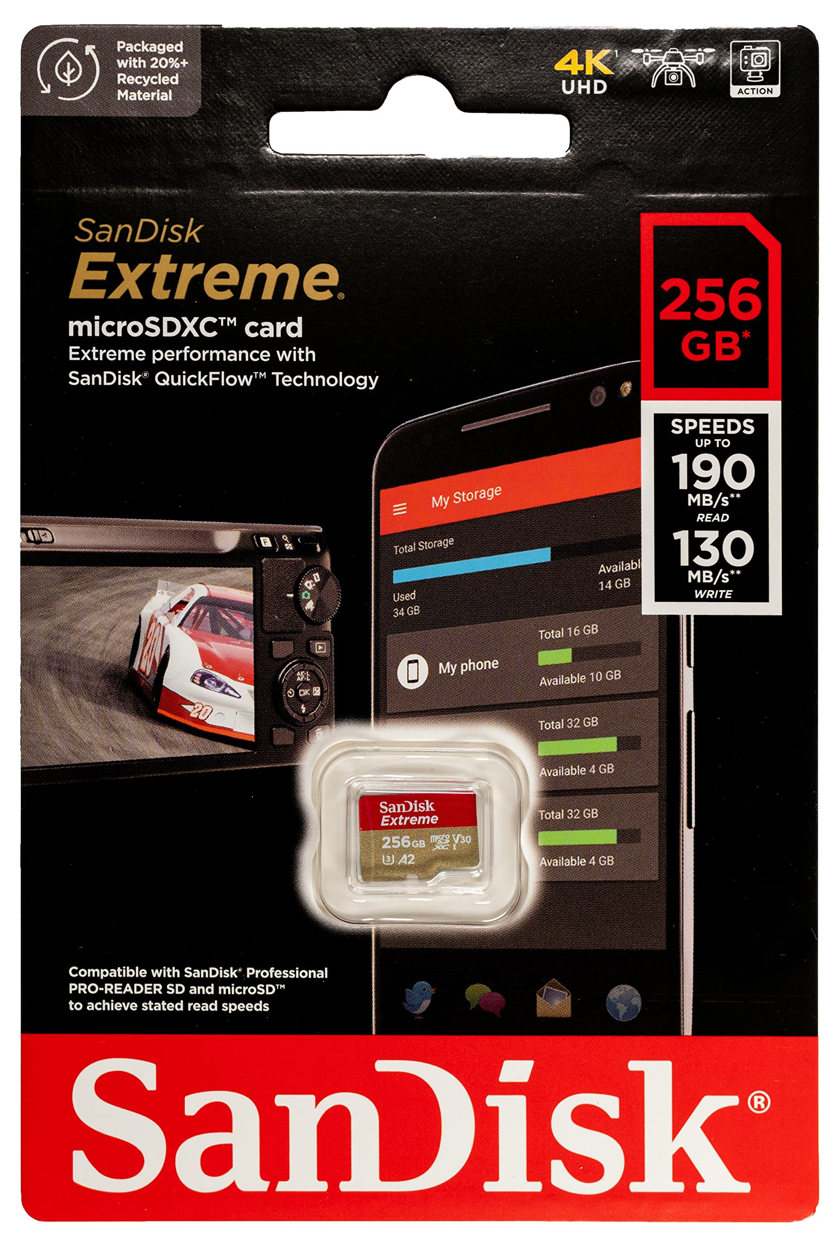 SanDisk Extreme 256GB MicroSD Card for Mavic Mini 2 DJI Drone Flycam - Class 10 4K UHD U3 A2 V30 SDXC (SDSQXAV-256G-GN6MN) Bundle with (1) Everything But Stromboli MicroSDXC Memory Card Reader