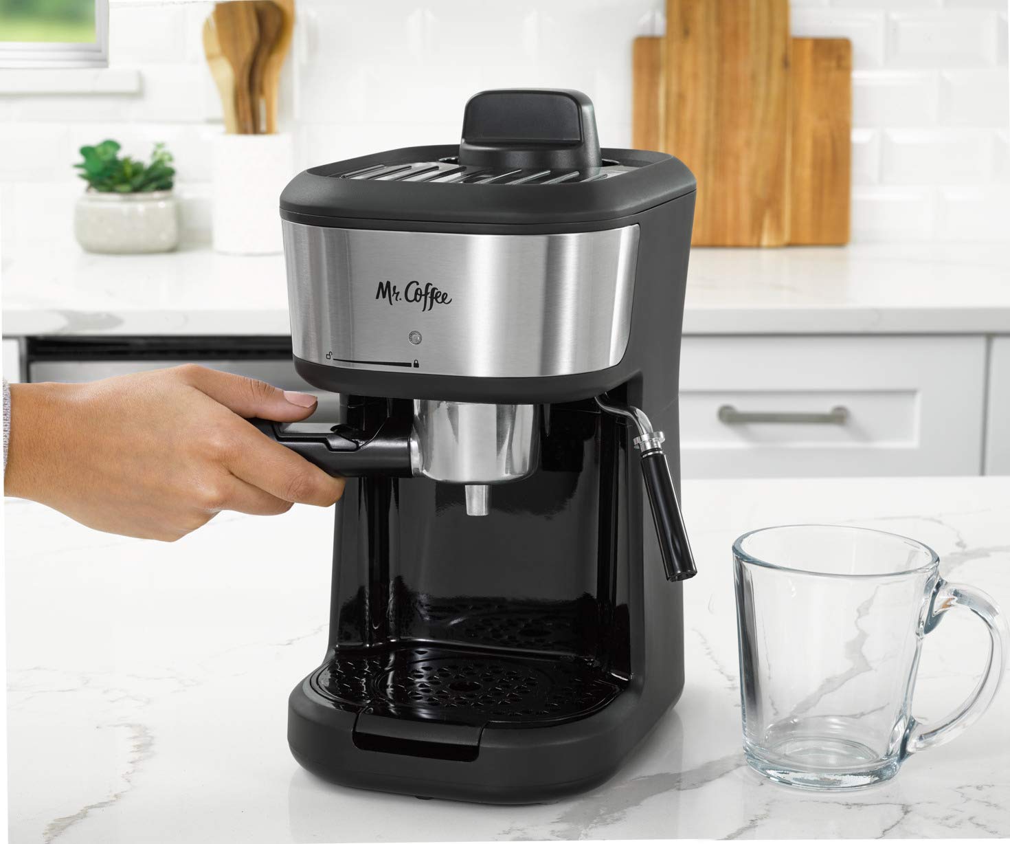 Mr. Coffee Espresso and Cappuccino Machine, Stainless Steel & Coffee Grinder, Automatic Grinder with 5 Presets, 12 Cup Capacity, Black