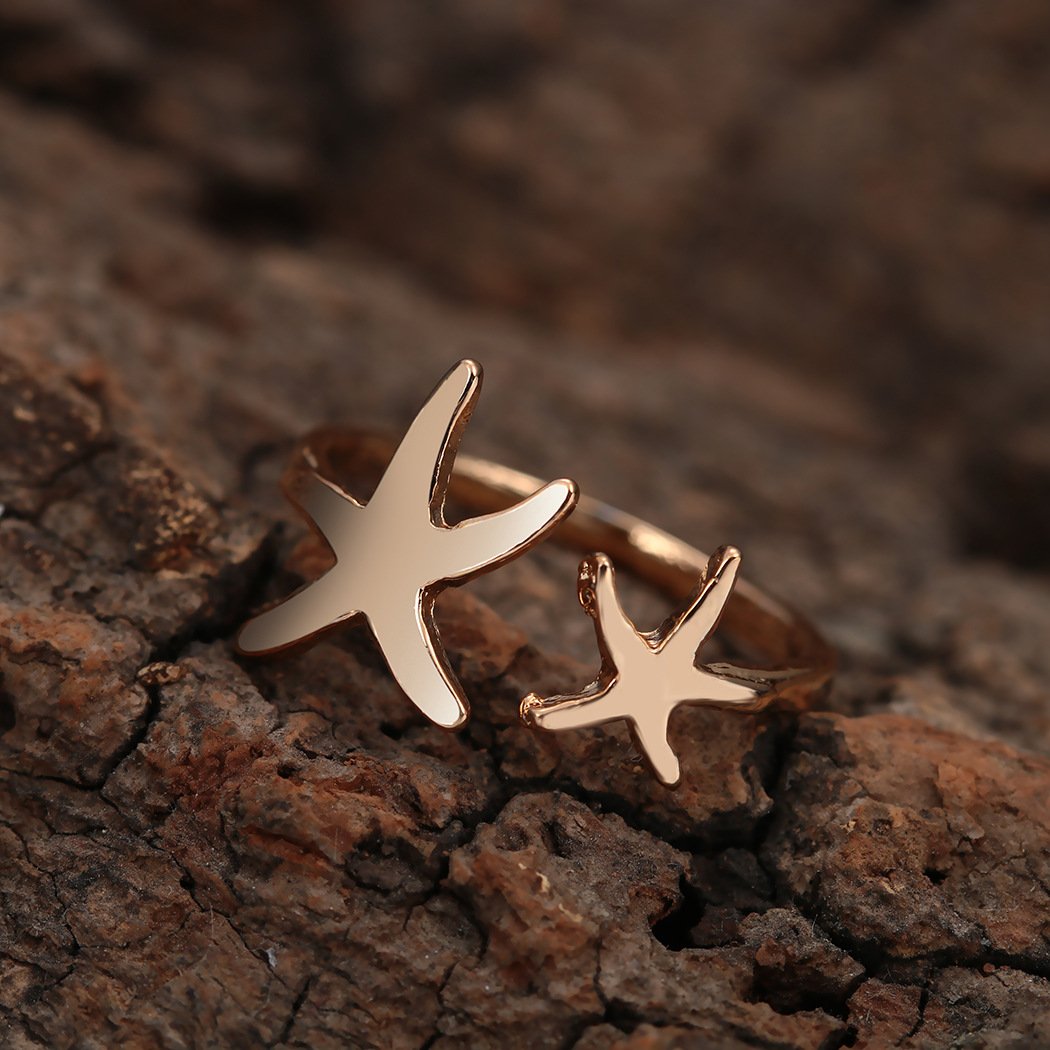 QIAN0813 Adjustable Elegant Sea Star Marine Life Finger Ring Double Star Open Finger Ring (gold)