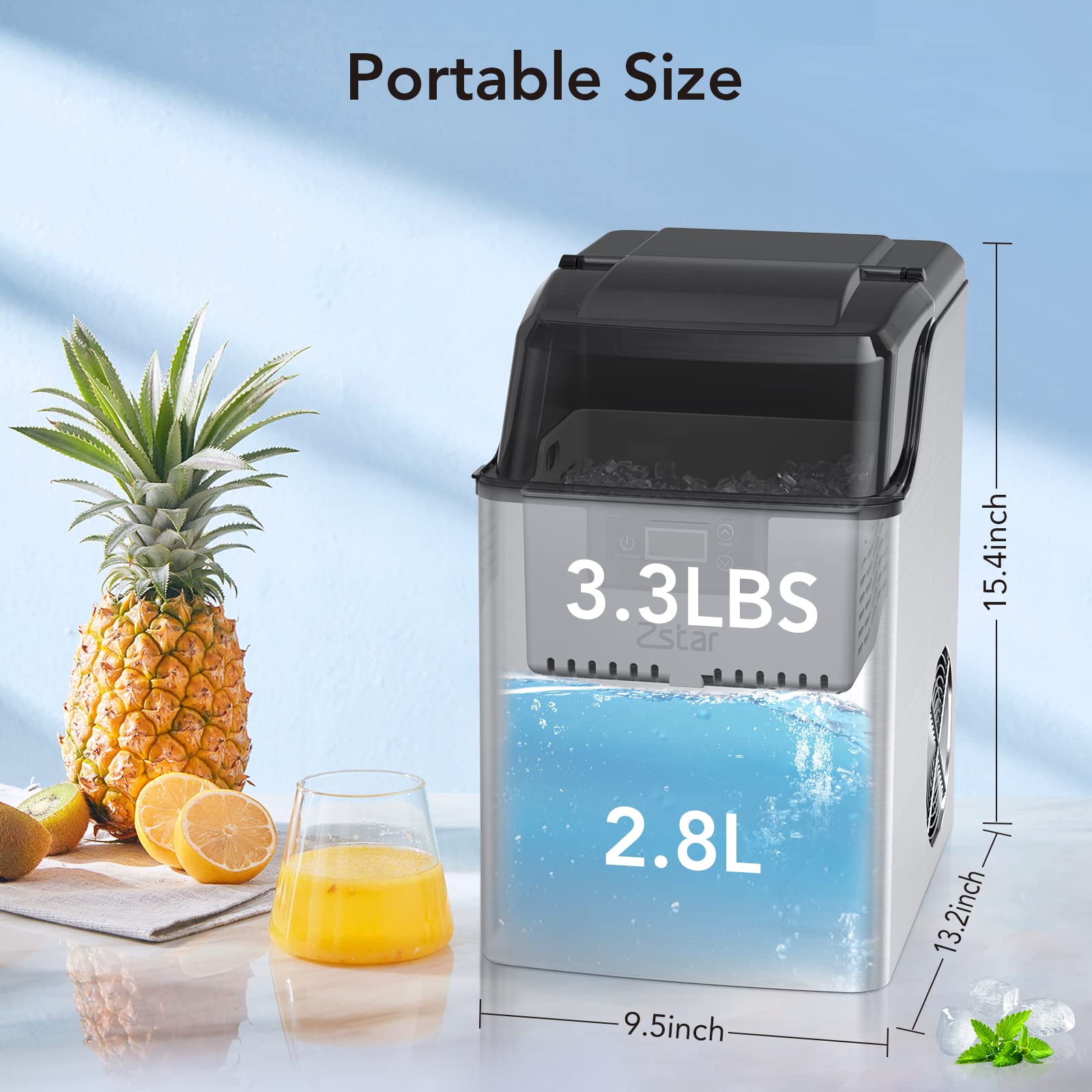 Zstar Nugget Ice Maker, Stainless Steel Countertop Ice Machine with 44Lbs/24H Output, Crunchy Sonic Ice Maker Machine, Self-Cleaning Portable Ice Maker with Freestanding Ice Scoop for Home,Office,Bar