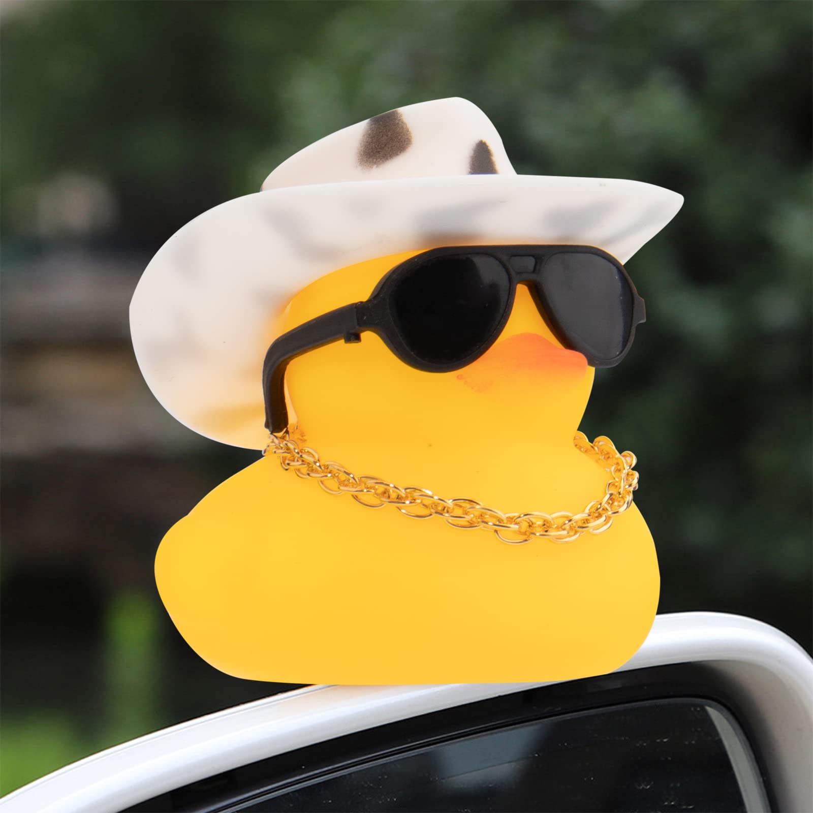 wonuu Rubber Duck Car Ornaments 3Pcs Yellow Duck Car Dashboard Decorations with Mini Hat Swim Ring Necklace Sunglasses, Blue&Blue&Blue Hat