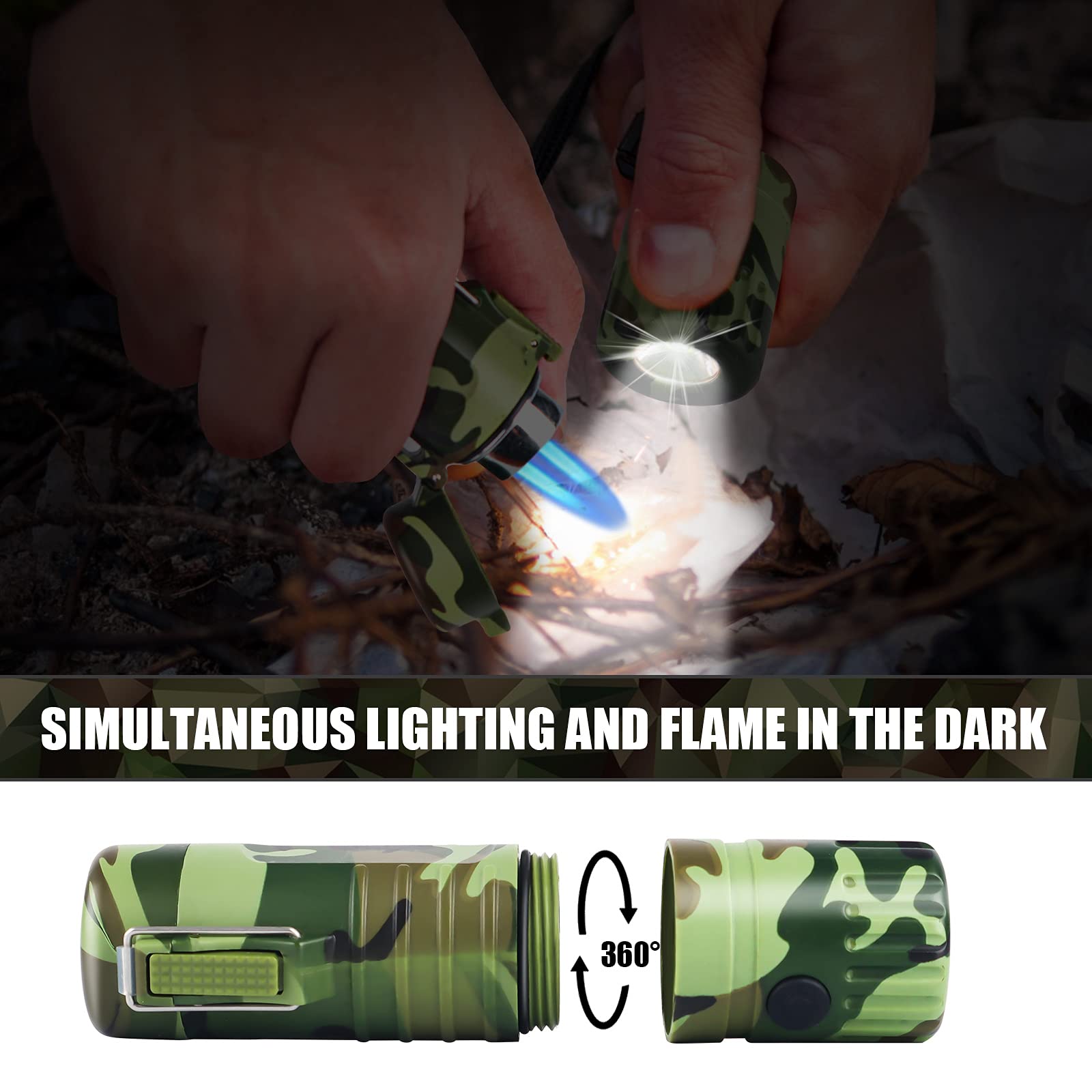 Torch Lighter with Multifunctional Flashlight, Refillable Butane Practical Lighters, IP67 Waterproof Adjustable Jet Flame Cool Lighters with Gift Box, for Christmas, Adventure, Camping, BBQ