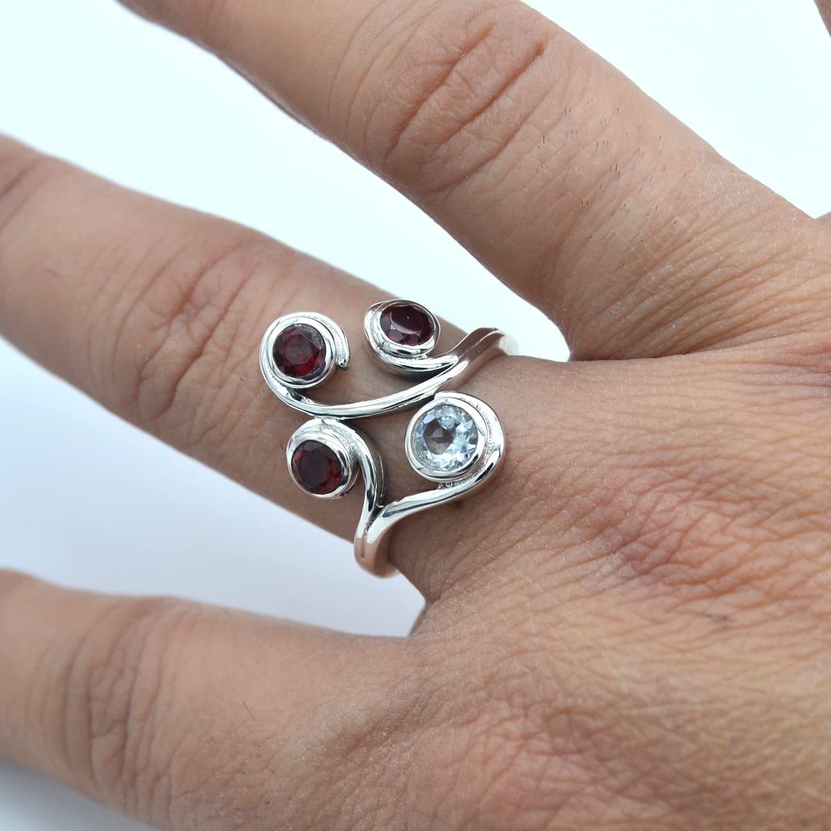 SILVER DESIGN 925 Sterling Silver Ring Solid Round Cut Multi Stone Ring Natural Red Ganet and Blue Topaz (1.87 Cts) Gemstone - 8 Us Size (SD-0128_8)