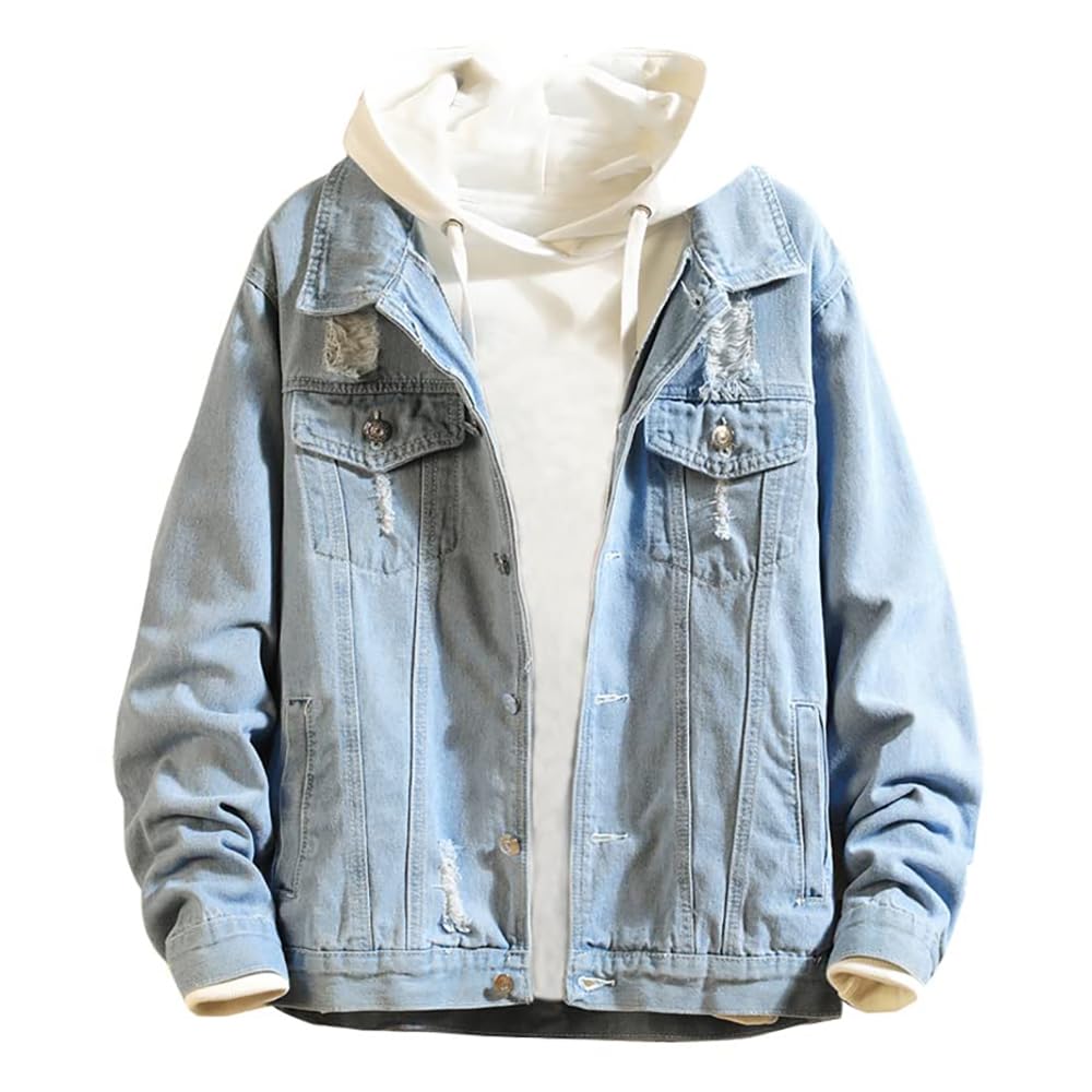 PASOK Men's Denim Hoodie Jacket Casual Slim Fit Button Down Jeans Coat Thin Style Blue XL