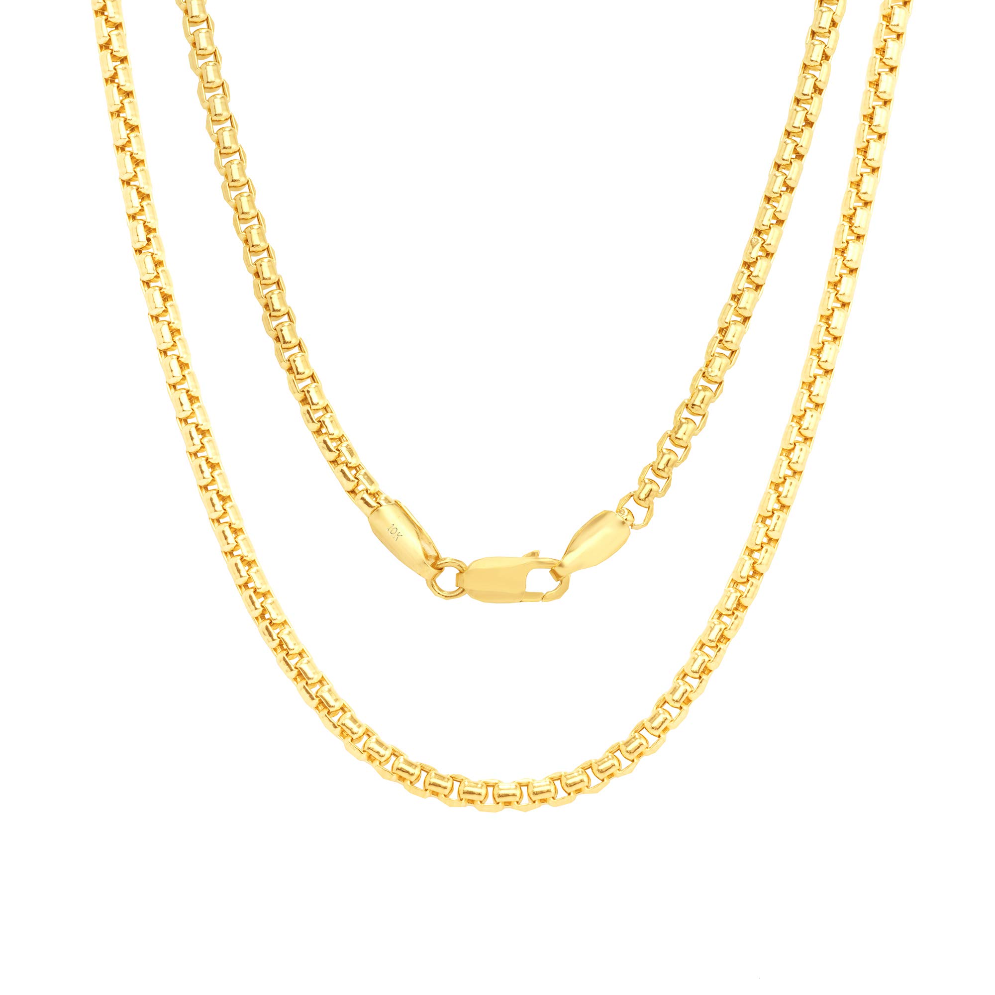 Nuragold 10k Yellow Gold 2.5mm Round Box Chain Venetian Link Pendant Necklace, Mens Womens Jewelry 16" 18" 20" 22" 24" 26" 28" 30"