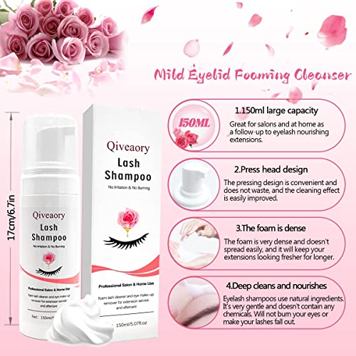 Qiveaory 150ml/5.07fl.oz Eyelash Extension Cleanser Extension Lash Shampoo Brush Mini USB Portable Lash Fan Mascara Brush Disposable Microbrush Wash Bottle Reusable Makeup Remover Pad Gentle Cleaning