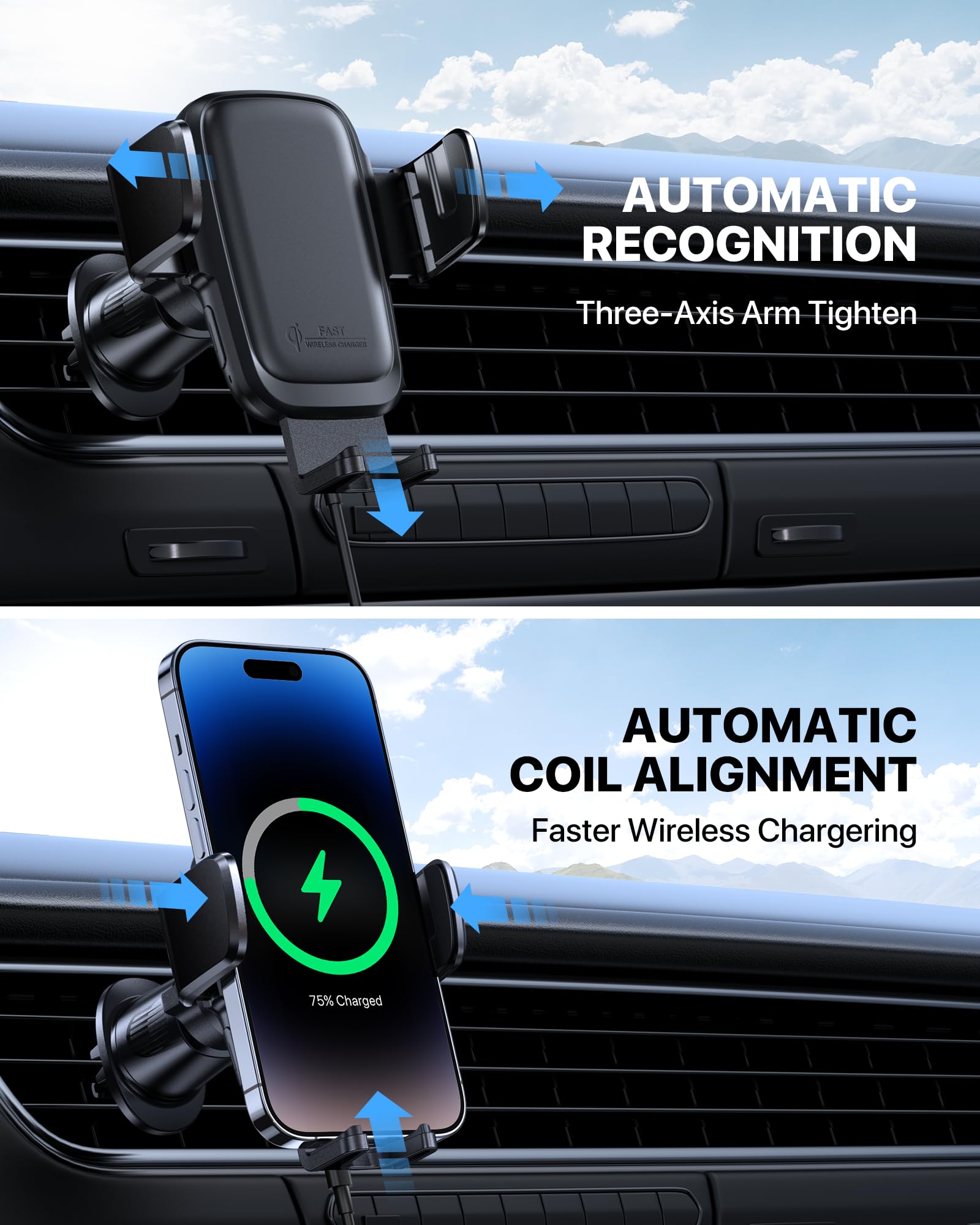 Puretor 2in1 Wireless Car Charger, 15W Qi-Enabled Fast Charging Car Phone Holder, Wireless Charger for iPhone 14 13 12 Pro Max, Samsung Glaxy S21, S20, S10+, S9+, etc
