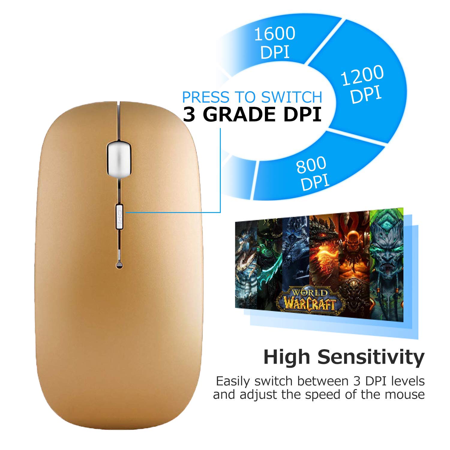 QIJIAYI 2.4GHz Wireless Bluetooth Mouse, Dual Mode Slim Rechargeable Wireless Mouse Silent USB Mice, 3 Adjustable DPI,Compatible for Laptop Windows MacBook Android MAC PC Computer (Gold)
