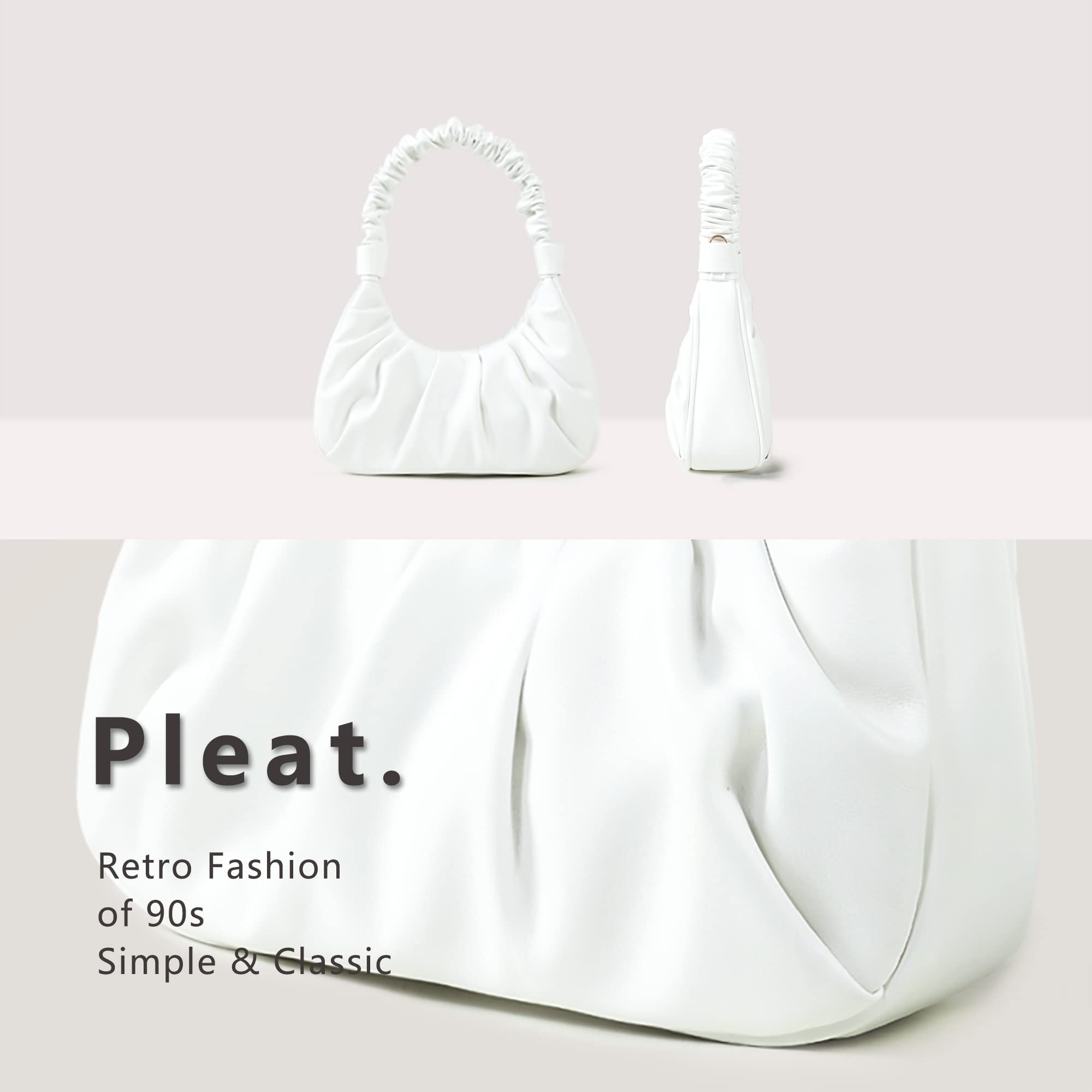 Small Purse PU Vegan Leather Top-Handle Shoulder Bags Mini Hobo Handbags Ruched Pleated Trendy Purse for Women(White-5)