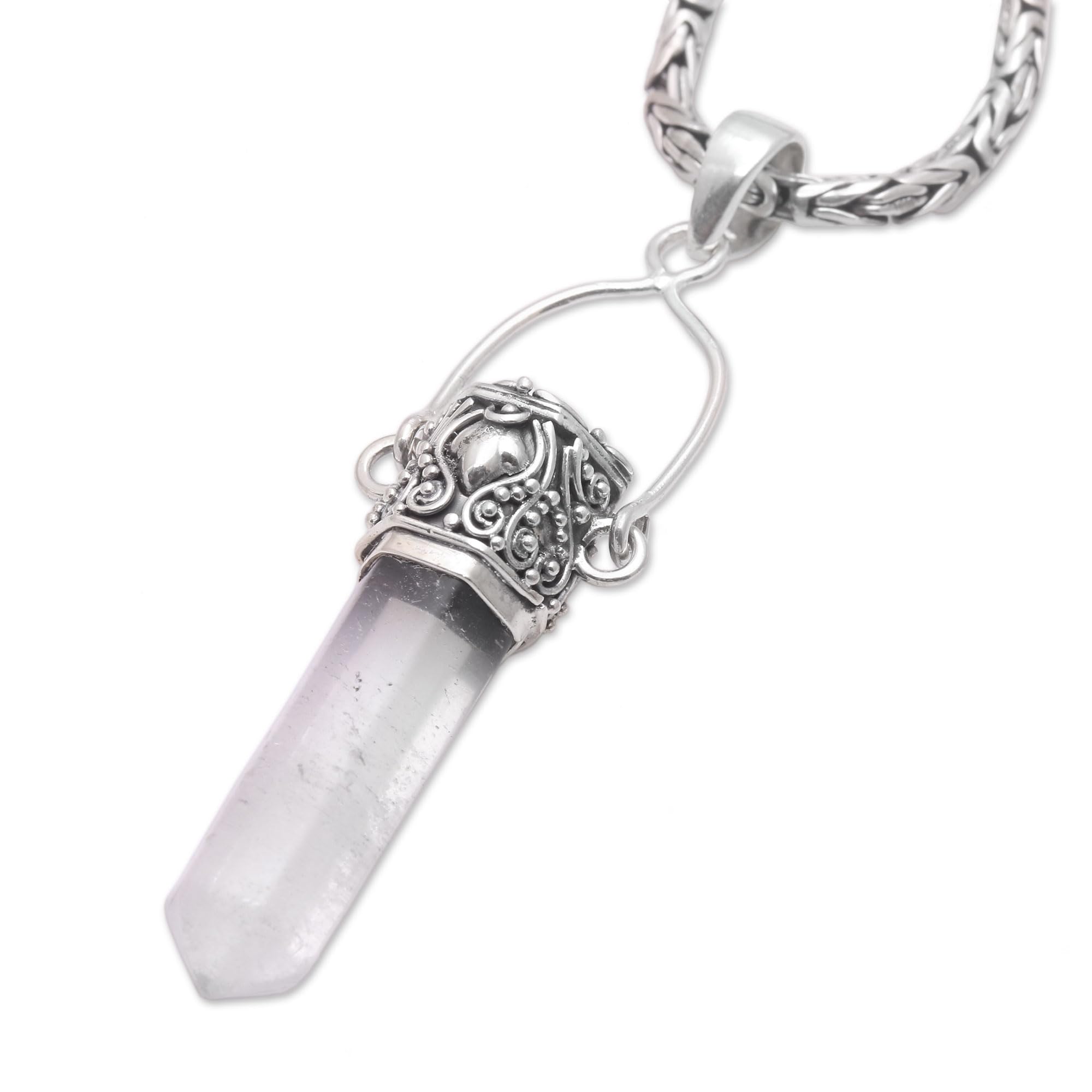 NOVICA Artisan Handmade Quartz Pendant Necklace Balinese Sterling Silver Crystal Indonesia Gemstone Floral Birthstone [19.75 in L 3 mm W Pendant(s) 2.4 in H x 0.6 in W x 0.4 in D] ' Crystal Amulet'