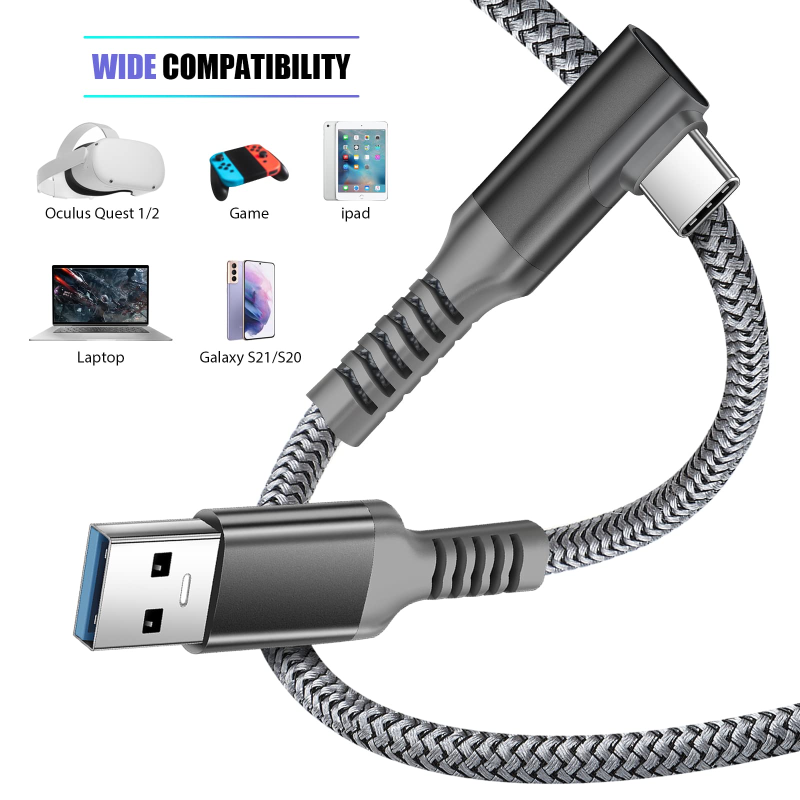Xumee Link Cable 16ft Compatible with Meta/Oculus Quest 2, Nylon Braided 90 Degree Angle USB-A to USB-C Cable with 5Gbps High Speed Data Transfer for VR Headset and Gaming PC (A-C 16FT)