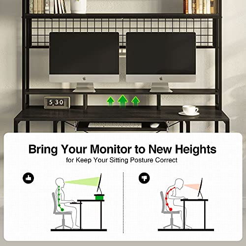 Rolanstar Computer Desk with Hutch and Keyboard Tray, 55" Office Desk with Storage Shelves, Studying Writing Desk Workstation for Home Office, Black