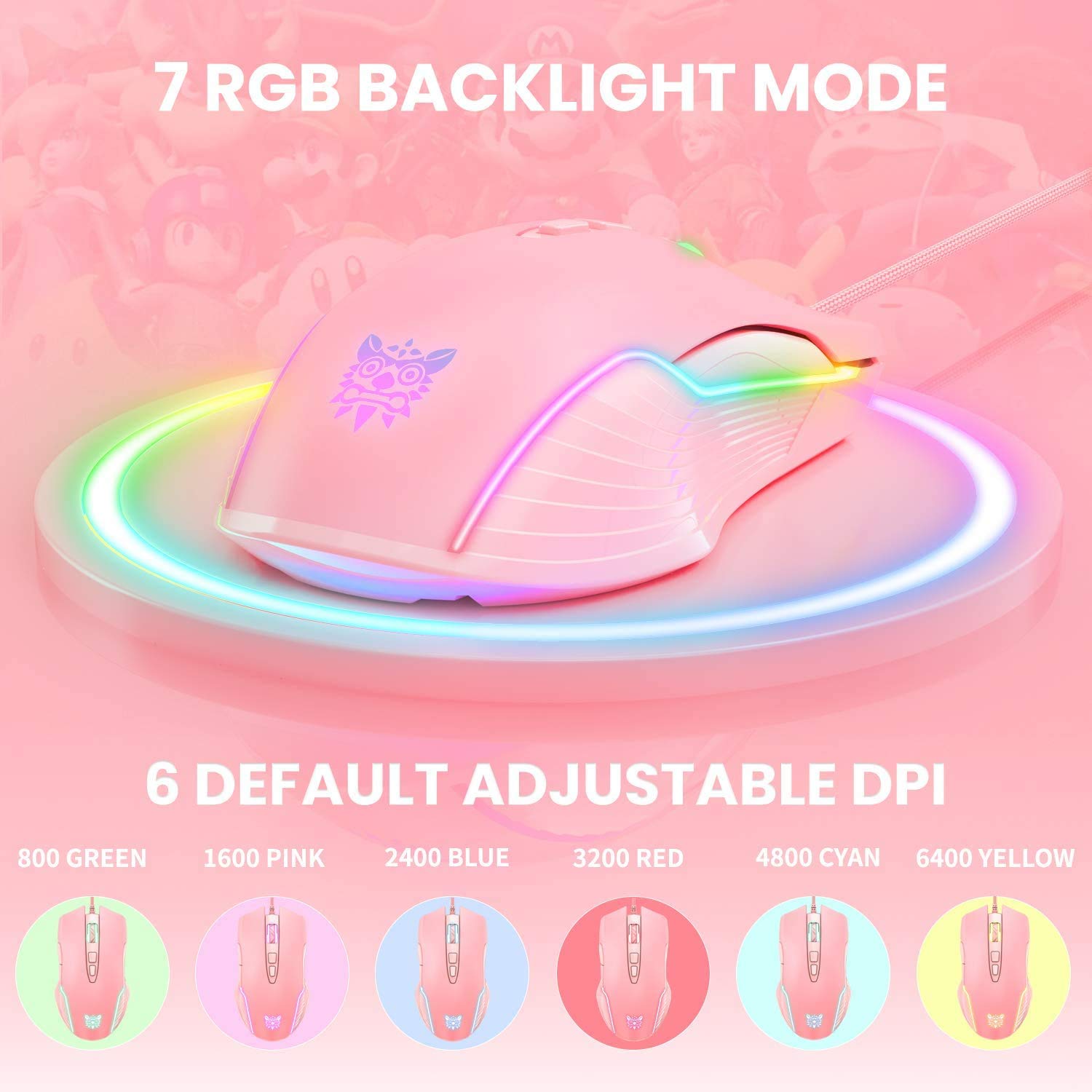 SIMGAL RGB Gaming Mouse Wired, USB Optical Computer Mice with RGB Backlit, 6 Adjustable DPI Up to 6400, Ergonomic Gamer Laptop PC Mouse with 7 Programmable Buttons for Windows Vista Linux (Pink)