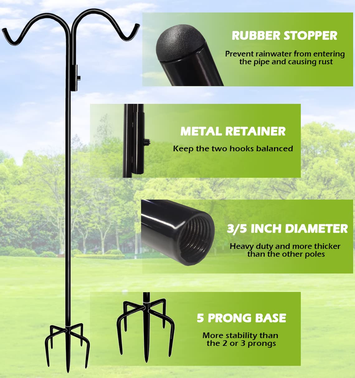 Tuohours 92 Inch Double Shepherd Hook Stand for Outdoor Birdfeeder, Adjustable Two Sided Garden Bird Feeder Pole Holder for Birdhouse Planter Solar Light Lantern, Black, 1 Pack