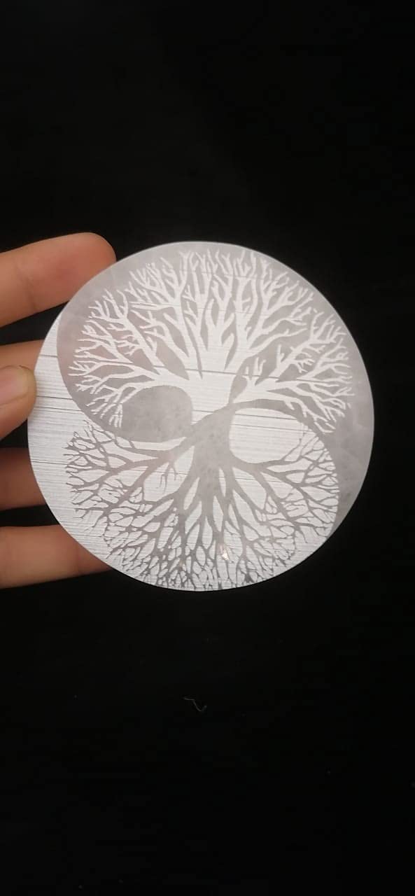 Selenite Circle Plate Laser Engraved Three Design, Cleans and Remove Negative Energy, Size 10×10 cm 240 gr, White