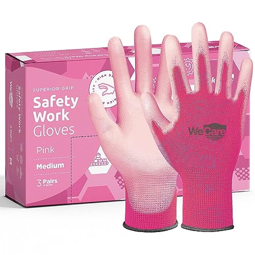 Pink Small Working Gloves with PU Coating - 3 Pairs of Safety Work Gloves - Good for Construction, Roofing, Landscaping, Warehouse, Carpenter, Electric Work