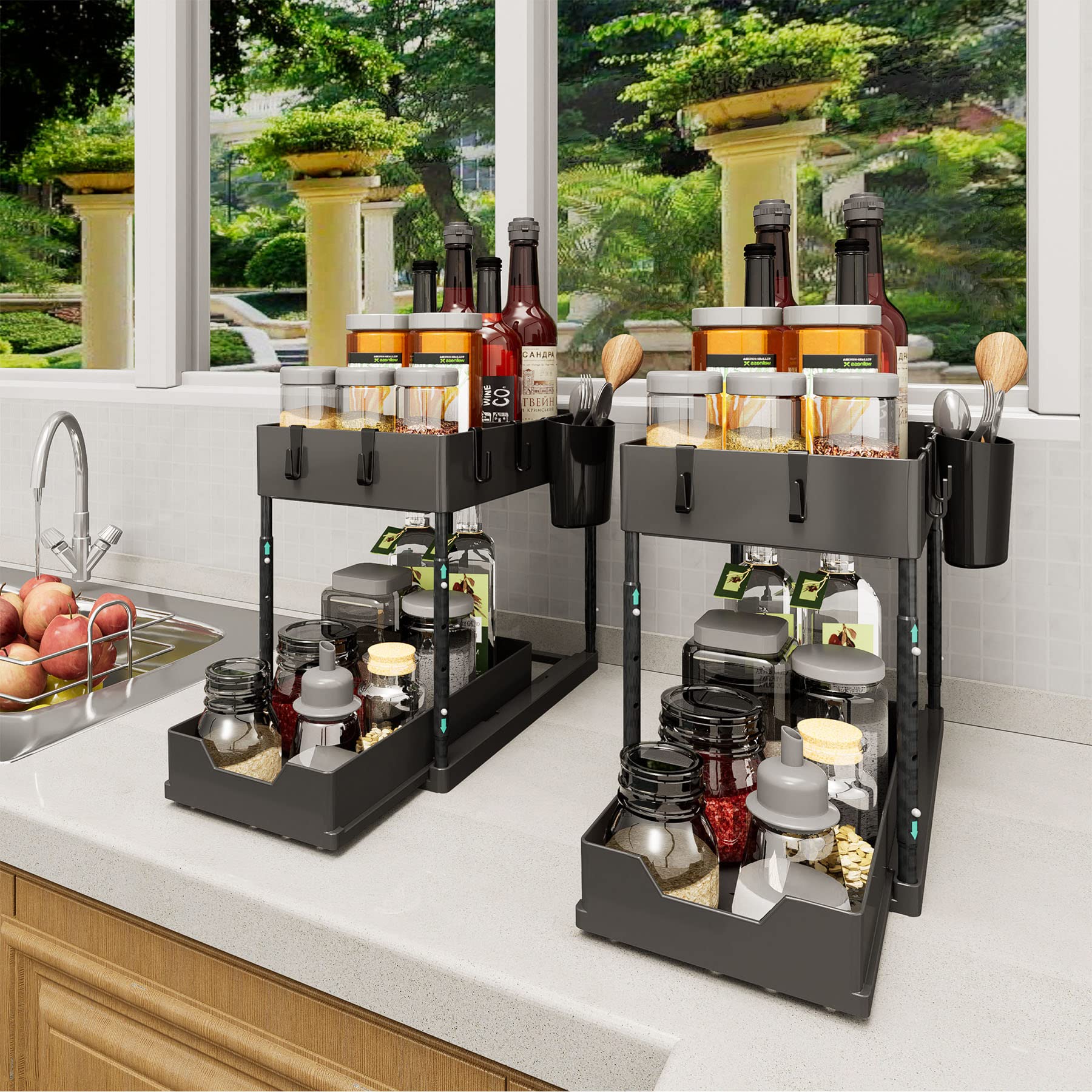 Under Sink Organizers and Storage - Adjustable Height Sliding 2-Tier Pull Out Drawer Rack Multi-Purpose Under Sink Shelf Organizer for Kitchen Bathroom Under Counter Cabinet Storage (Black-2pcs)
