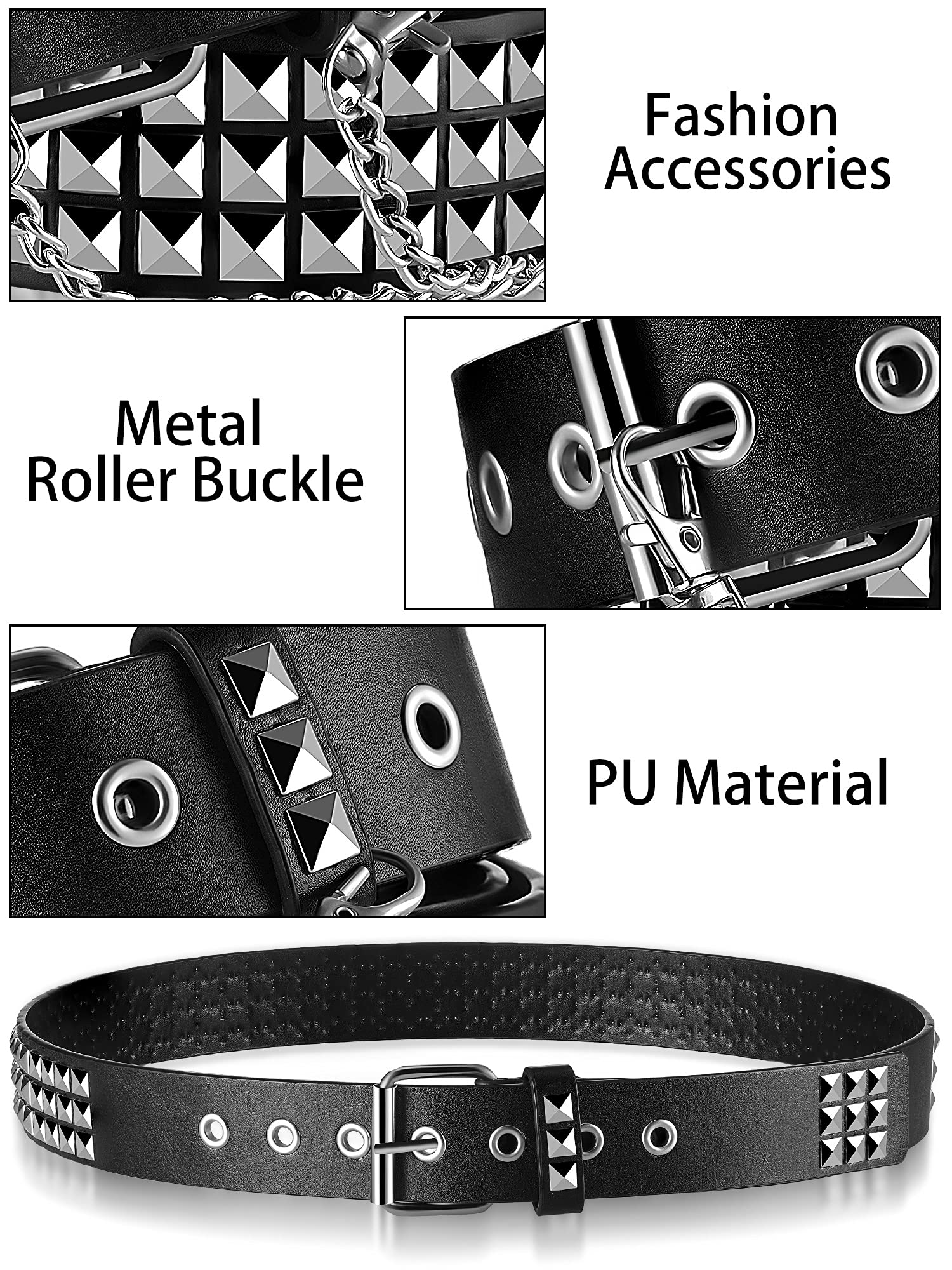 Studded Belts Punk Rock Belts for Women Threads Goth Pyramid Pu Leather Belts with Chains for Gothic Clothing Accessories (Black)
