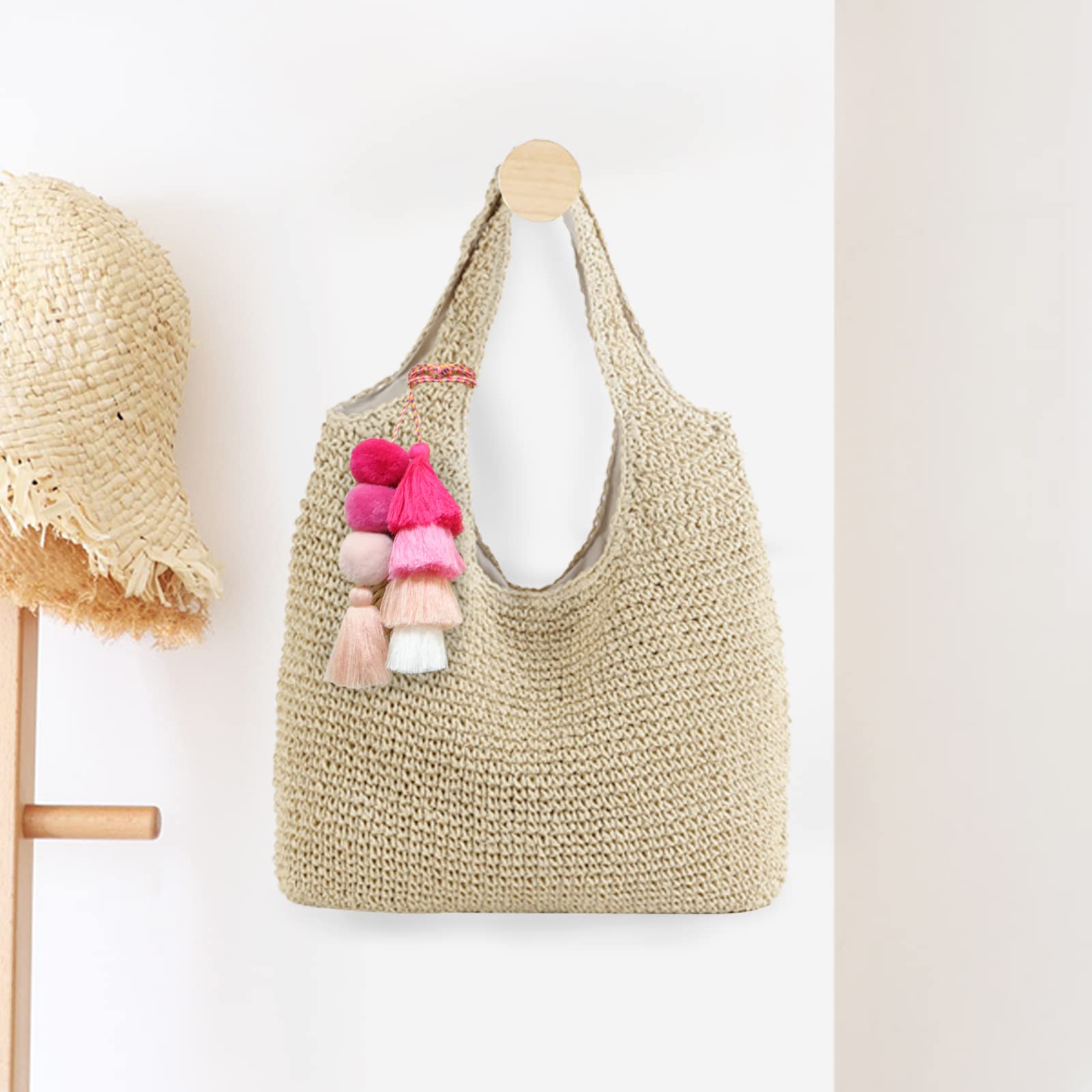 QTKJ Colorful Bohemian Pompom Tassel Keychain Handbags Straw Bag Charms Ornaments Key Ring Pompom Pendant(Pink 1)